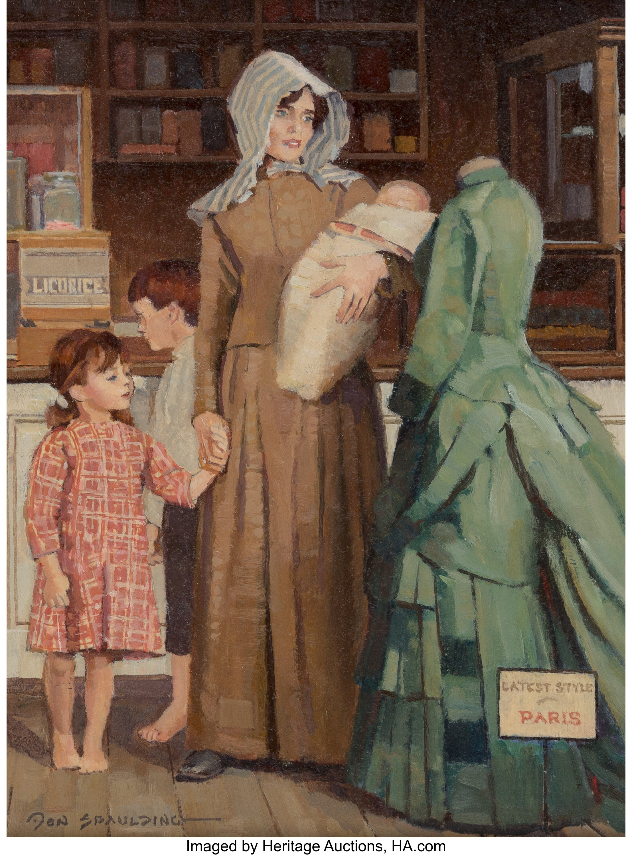 Don Spaulding (American, b. 1926). Lady in General Store. Oil on | Lot ...