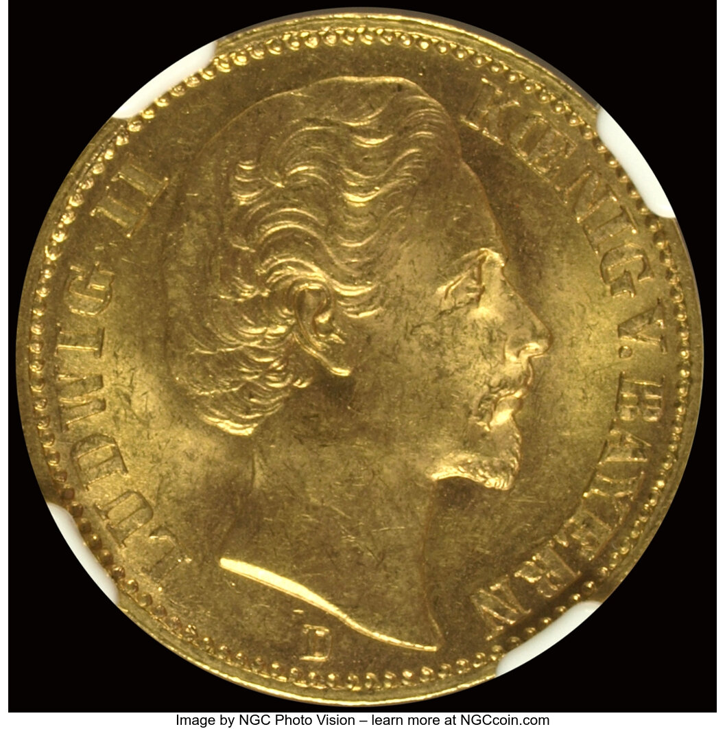 German States: Bavaria. Ludwig II gold 20 Mark 1872-D MS64 NGC ...
