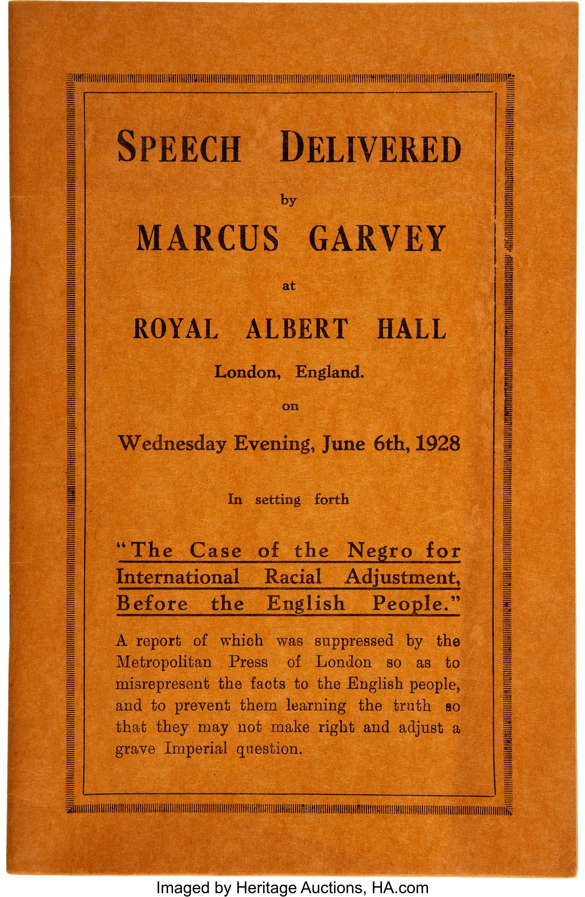 [Marcus Garvey]. Speech Delivered by Marcus Garvey at Royal Albert ...
