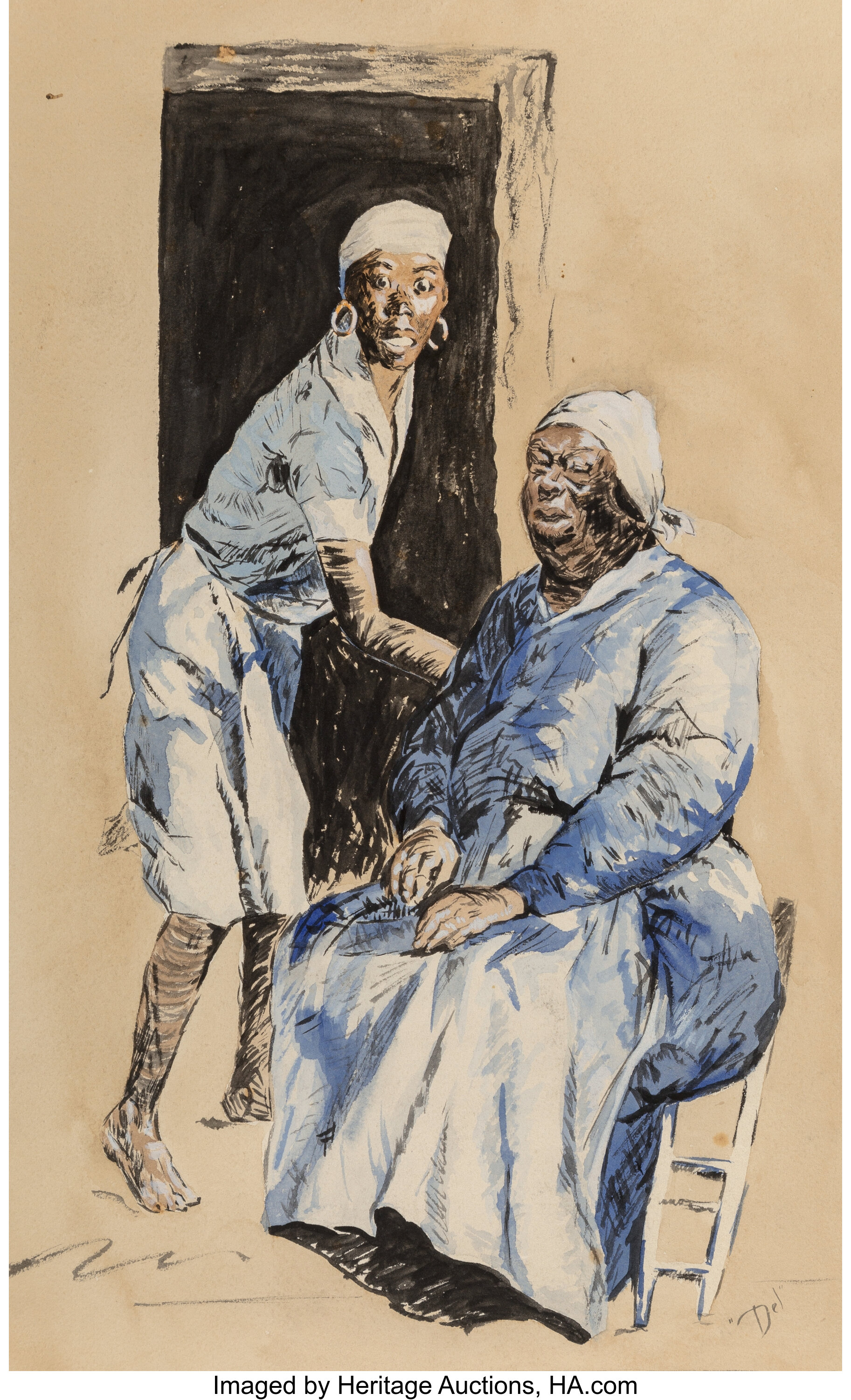 Delmer J. Yoakum (American, 1915-1997). The Maids. Watercolor on | Lot ...