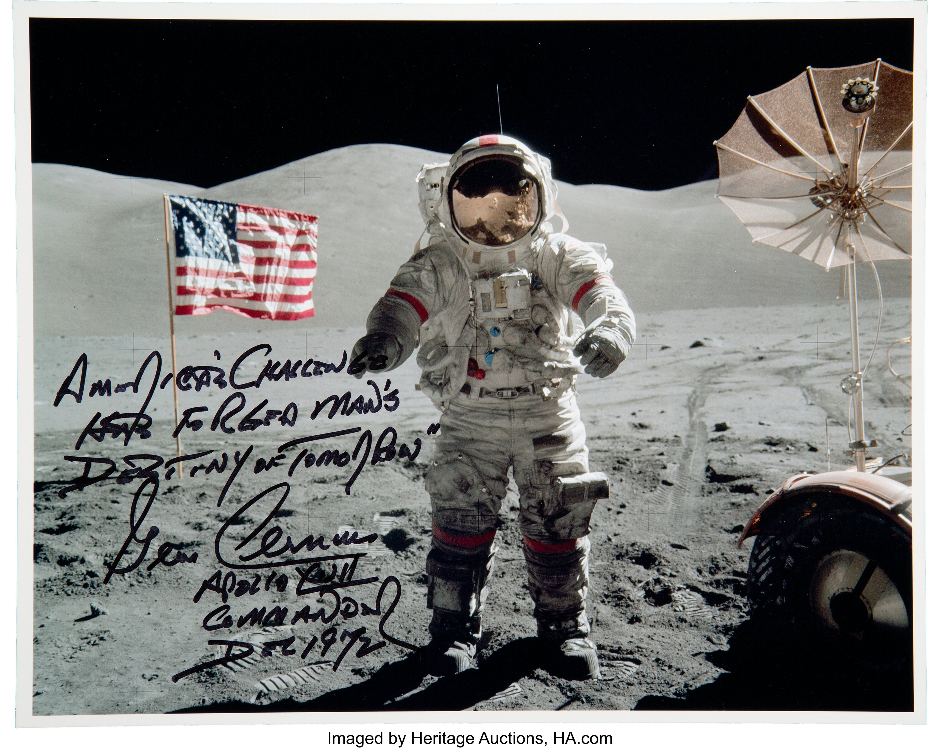 Gene Cernan Signed Apollo 17 Lunar Surface Flag Color Photo with | Lot ...