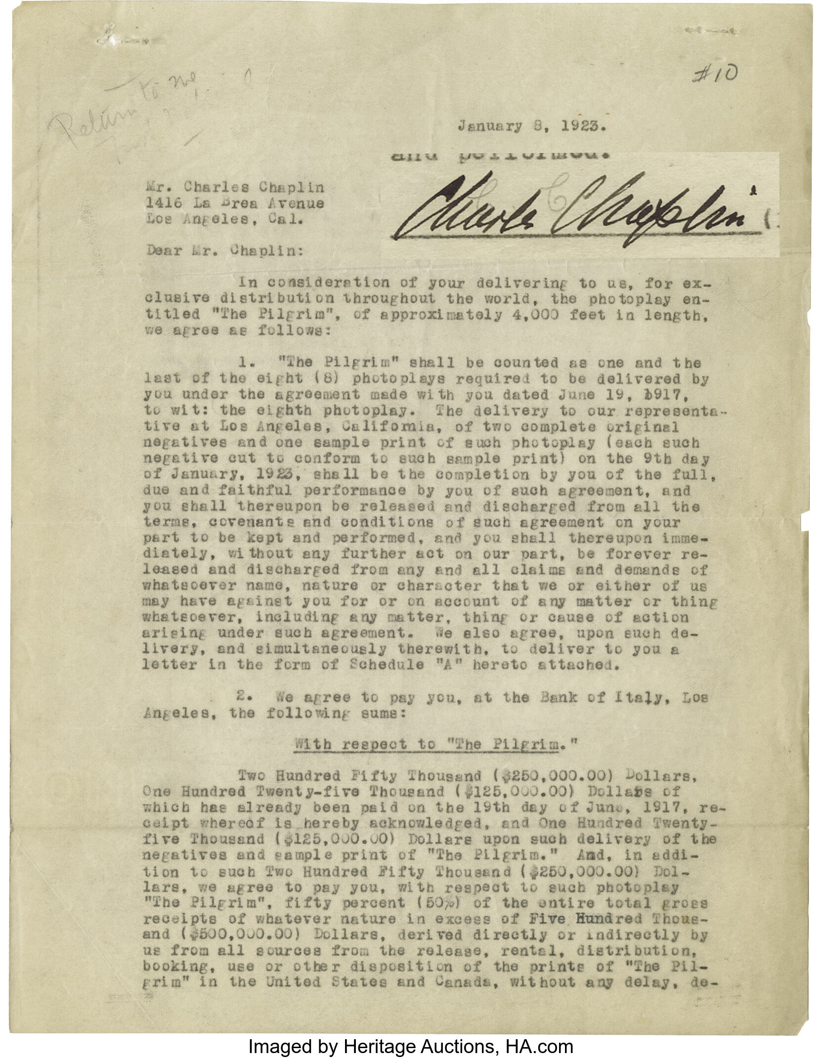 Charlie Chaplin Signed 1923 Contract. A four-page agreement dated | Lot ...