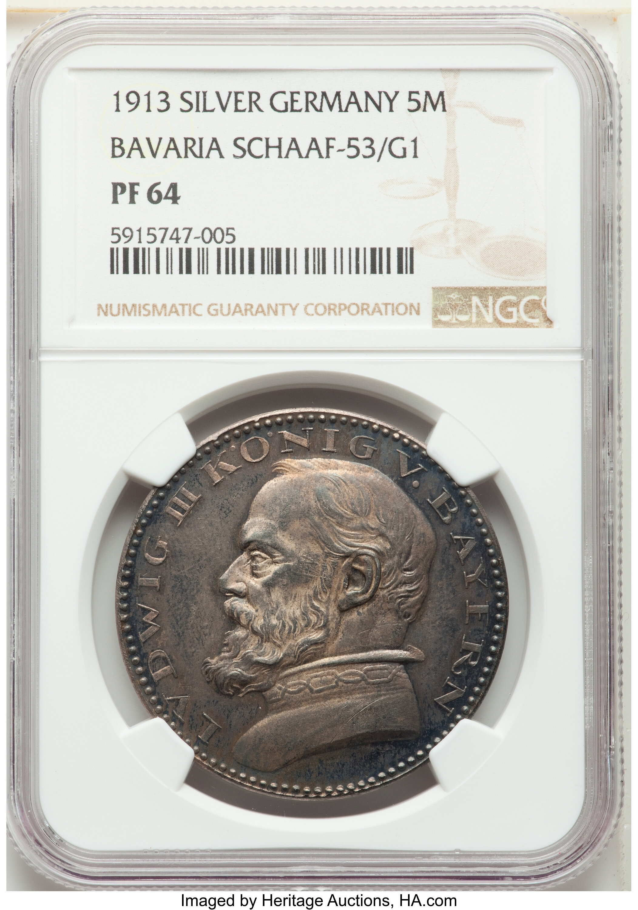 German States: Bavaria. Ludwig III silver Proof Pattern 5 Mark 1913 ...