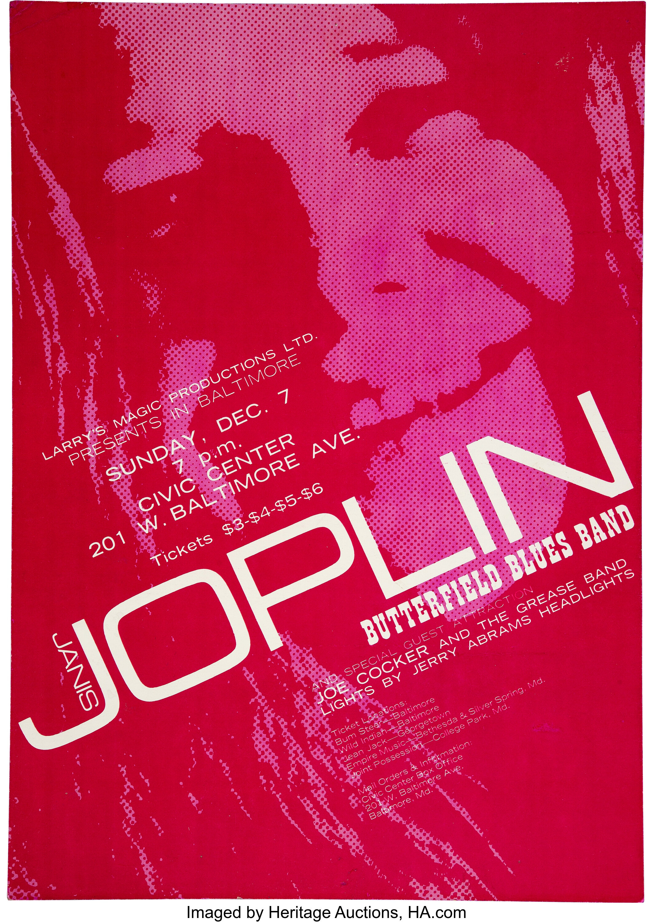 Janis Joplin, Early Joe Cocker 1969 Baltimore, MD Concert | Lot #89180 ...