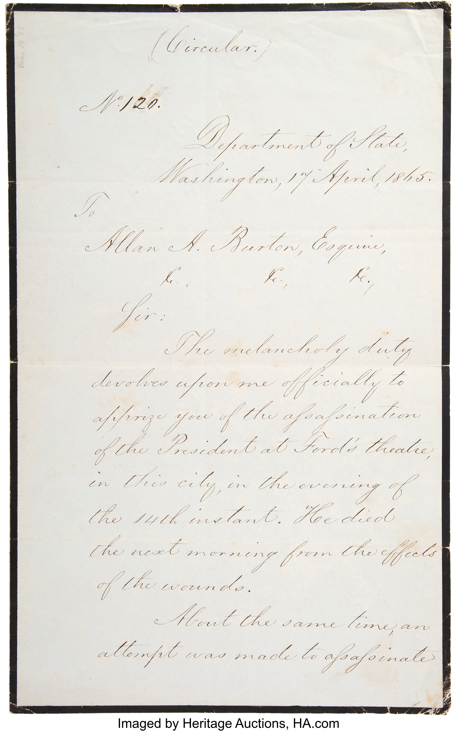 [Abraham Lincoln Assassination]. Official circular manuscript | Lot ...
