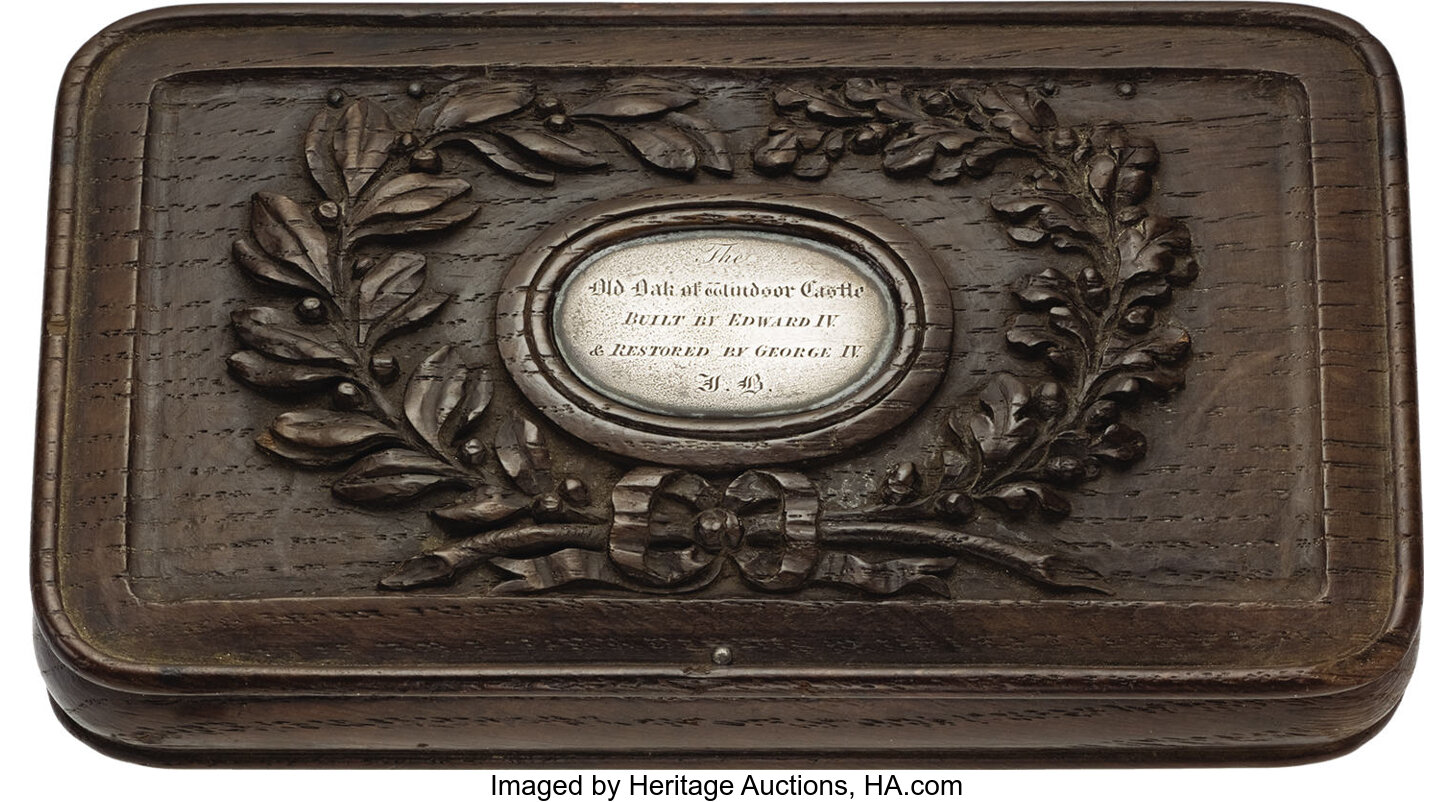 British George IV Windsor Castle Oak and Silver Box. Circa 1825. An ...