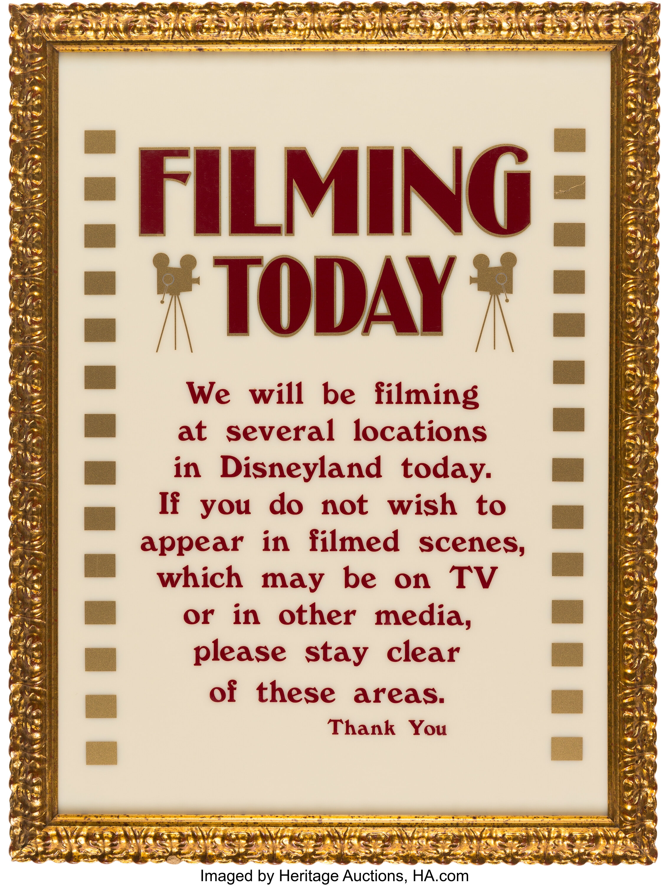 Disneyland - Filming Today Sign (Walt Disney, c. 1990s).... | Lot ...