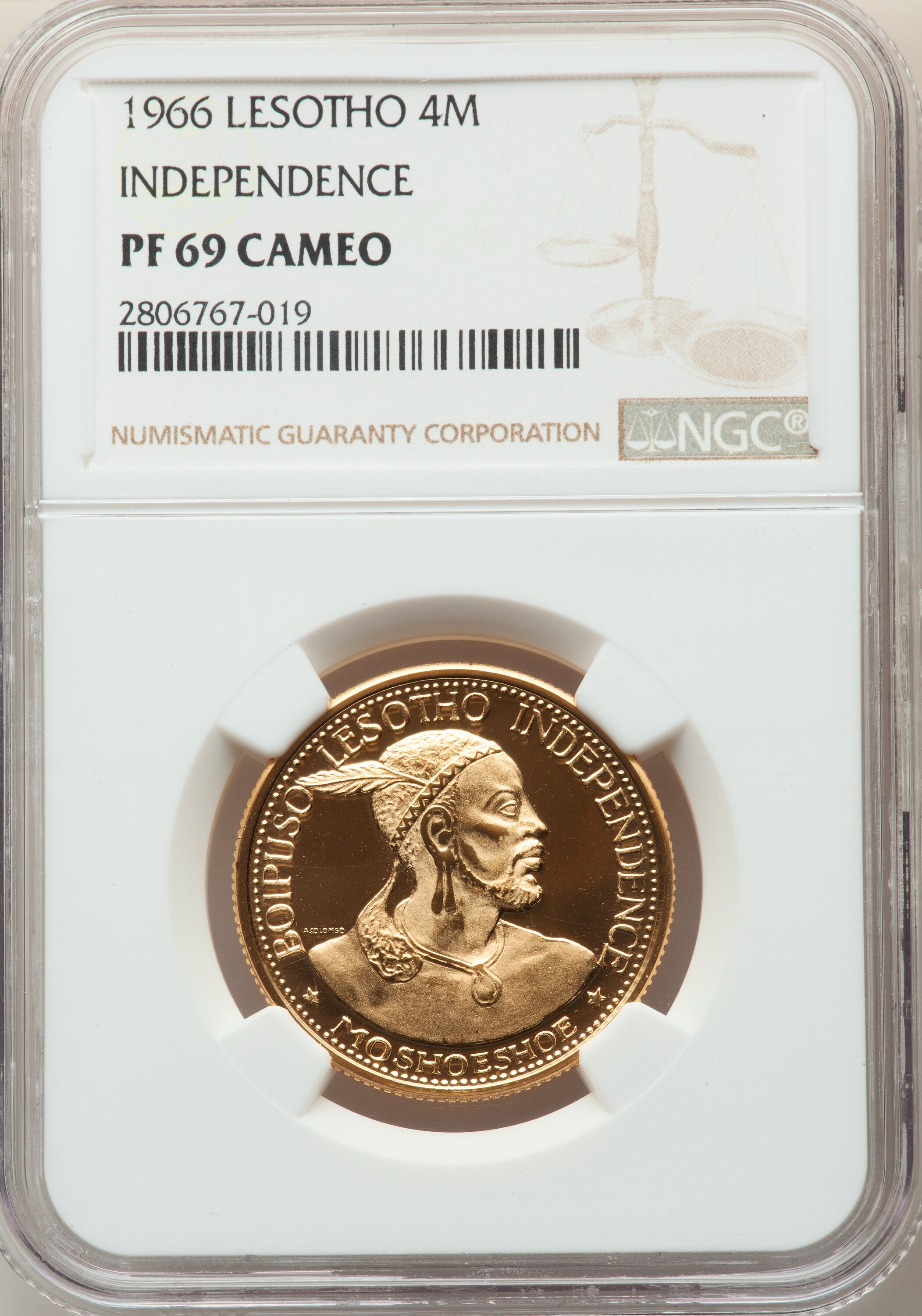 Lesotho: Moshoeshoe II gold Proof "Independence" 4 Maloti 1966 PR69 ...
