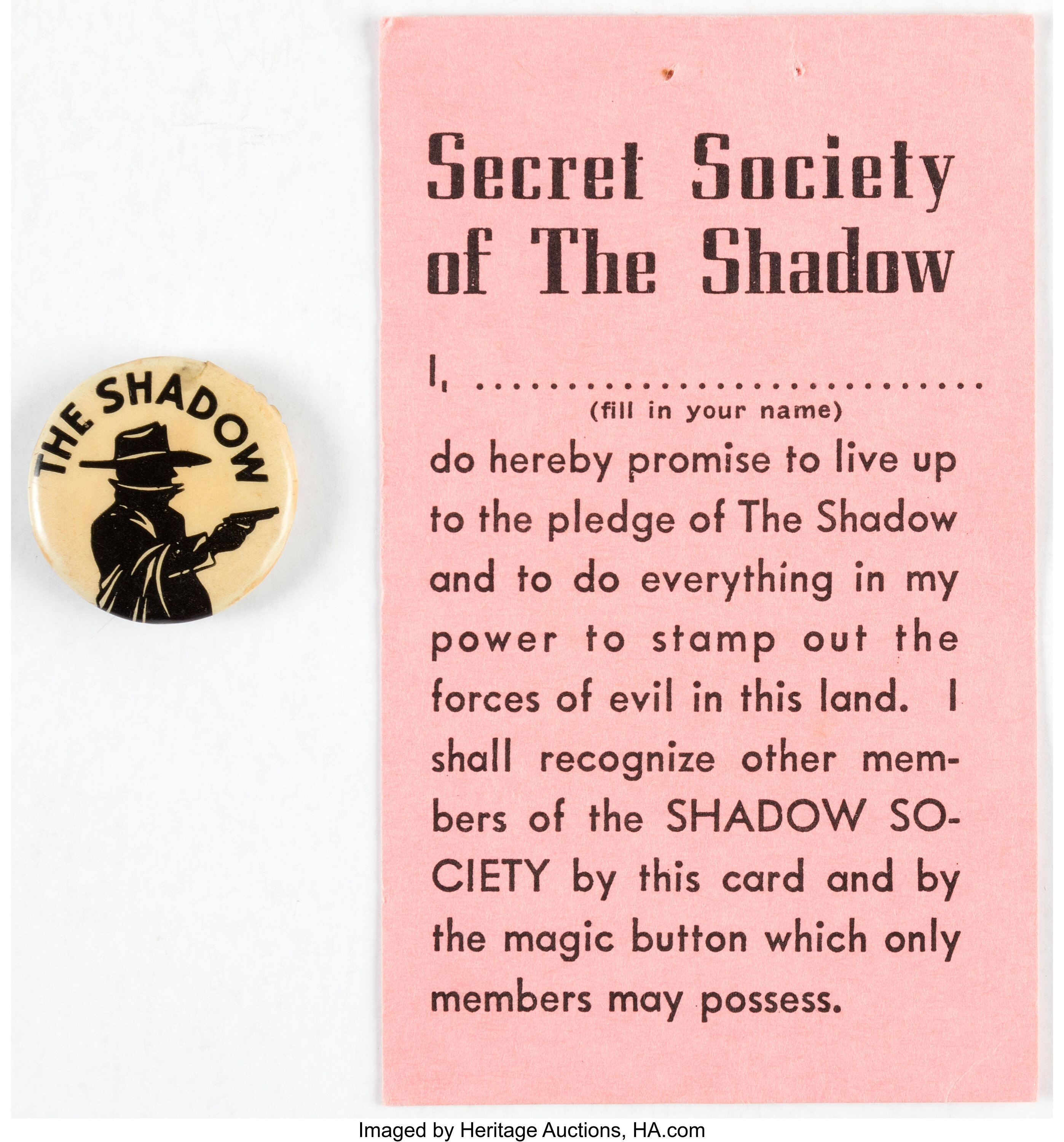 The Shadow Pin and Membership Card (undated).... (Total: 2 Items) | Lot ...