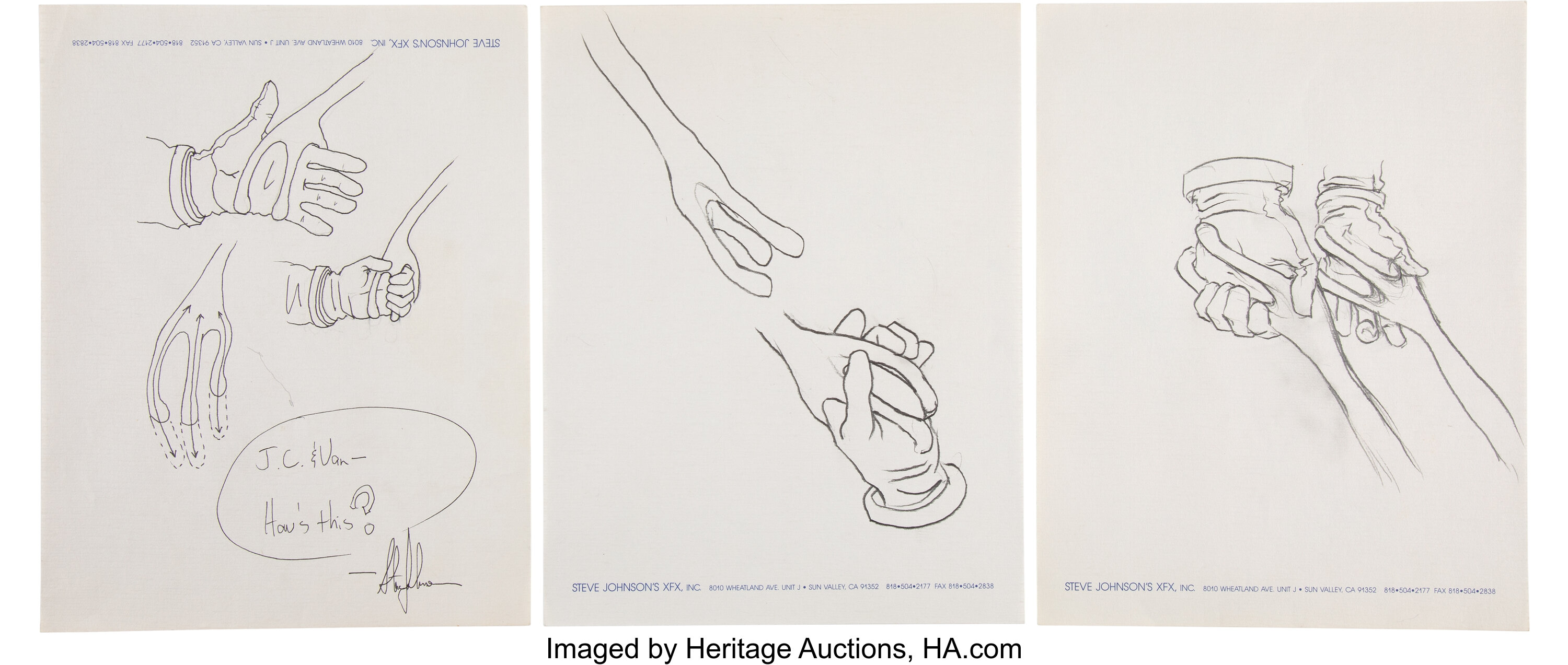 Steve Johnson (3) Concept Sketches for Alien/Human Handshake for | Lot ...