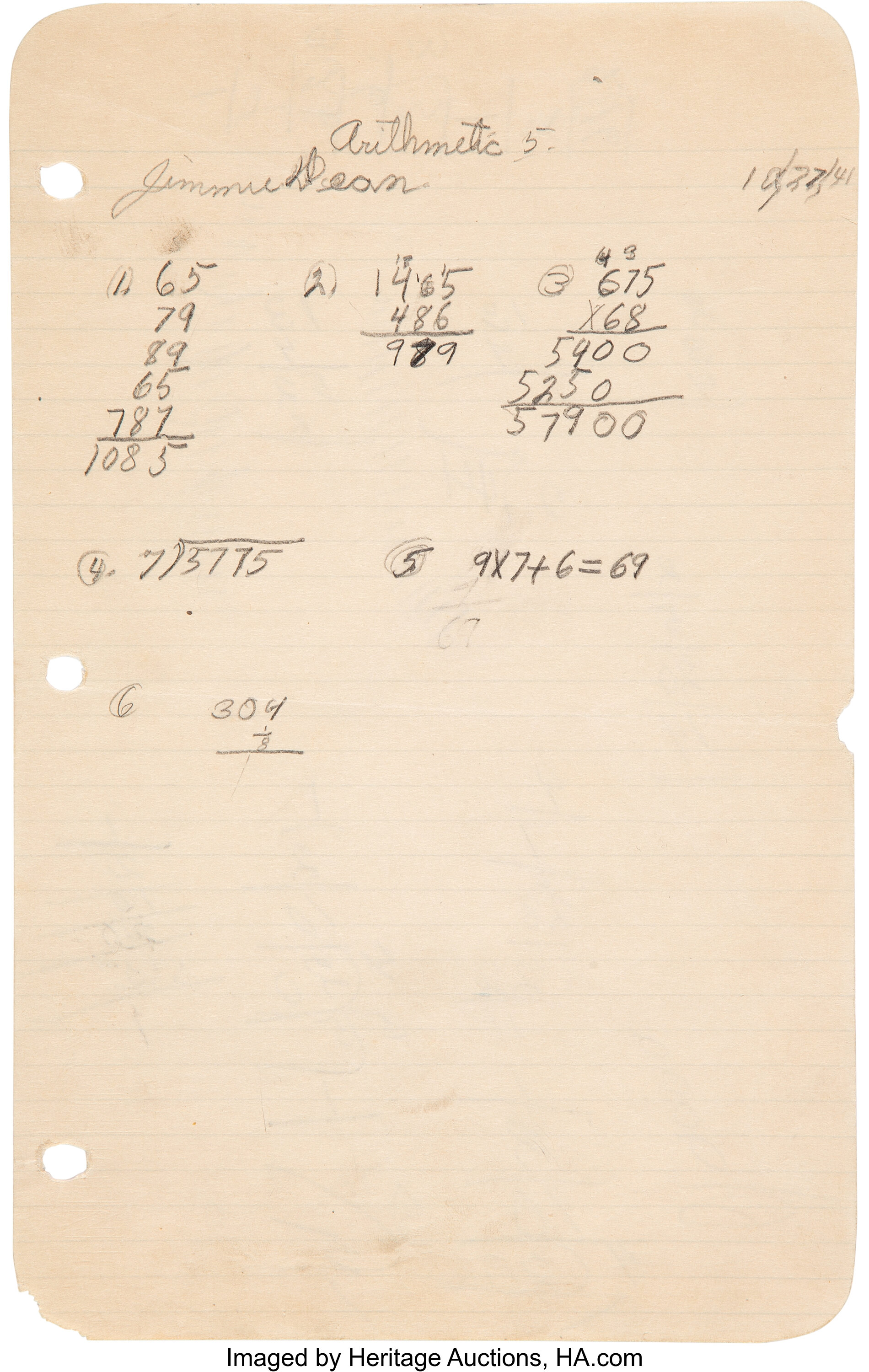 James Dean Handwritten Elementary School Arithmetic Homework | Lot ...