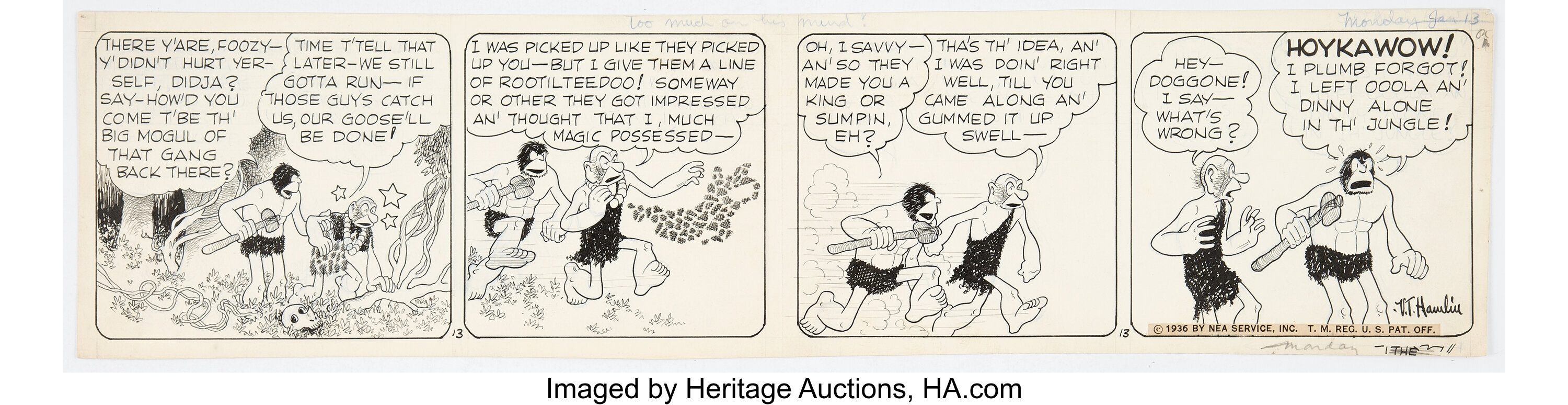 V.T. Hamlin Alley Oop Daily Comic Strip Original Art dated 1-13-36 ...