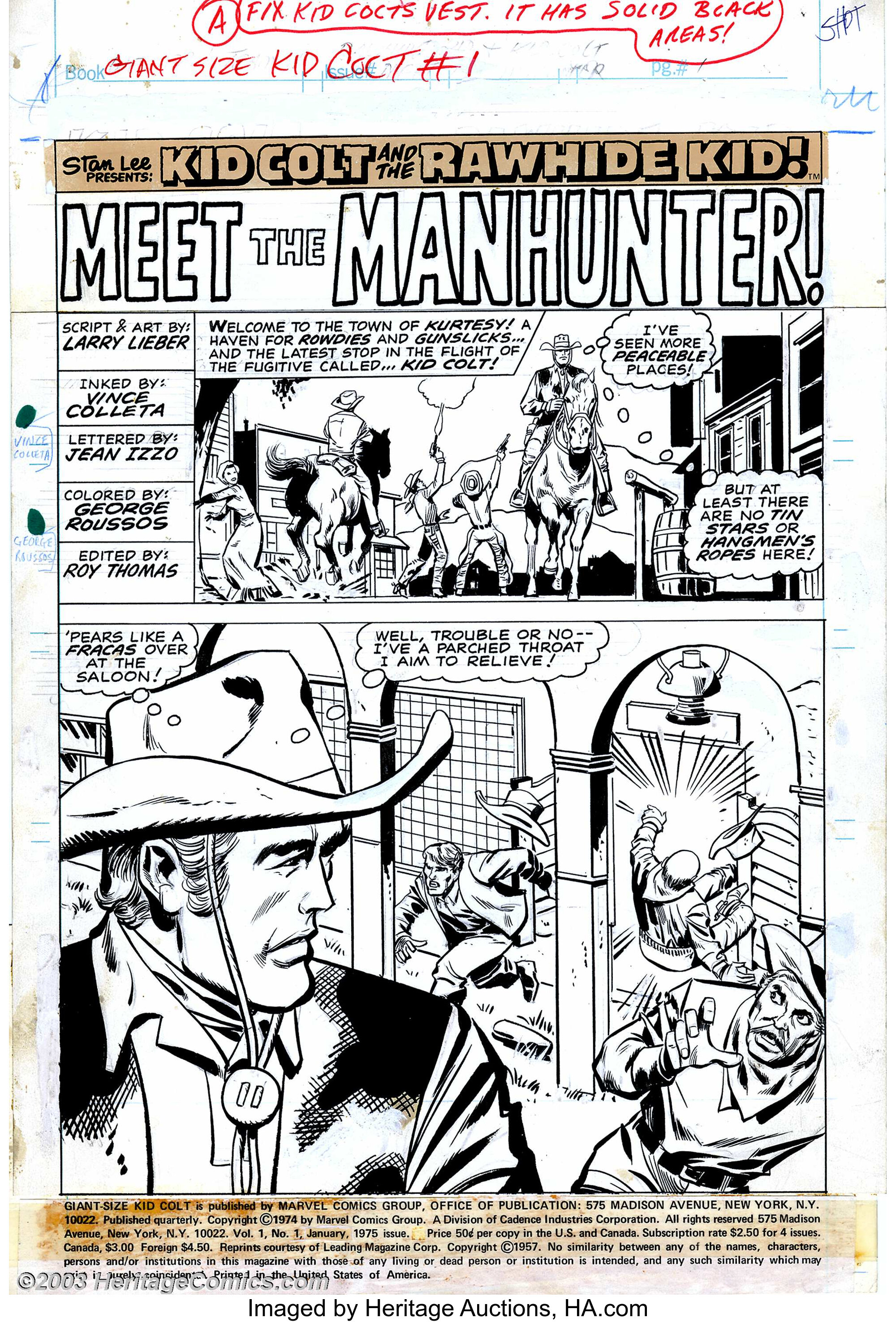 Larry Lieber - Original Art for Giant-Sized Kid Colt #1, Complete | Lot ...