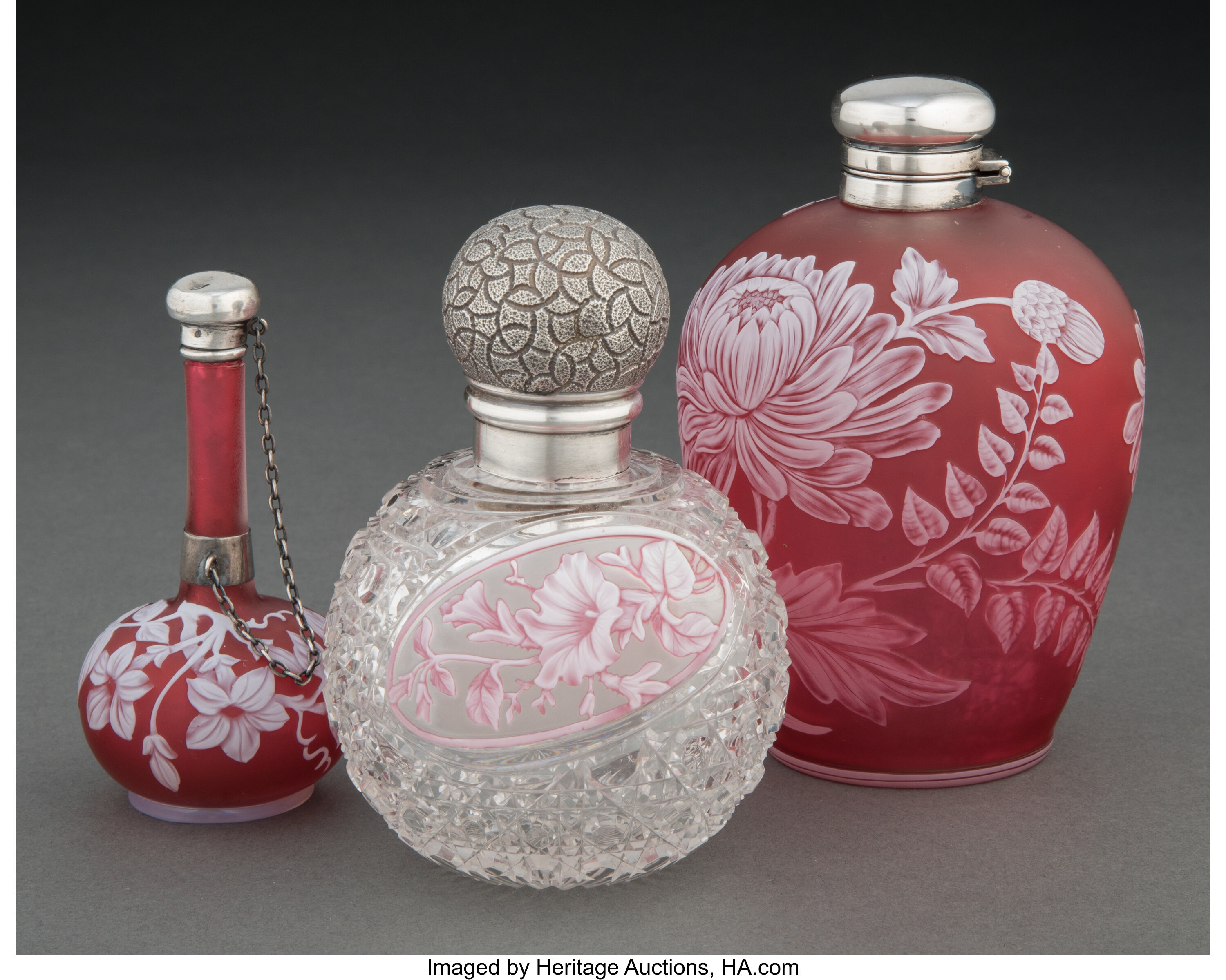 Three Victorian Cameo Glass Perfumes, circa 1900. Marks: S.M, (duty ...