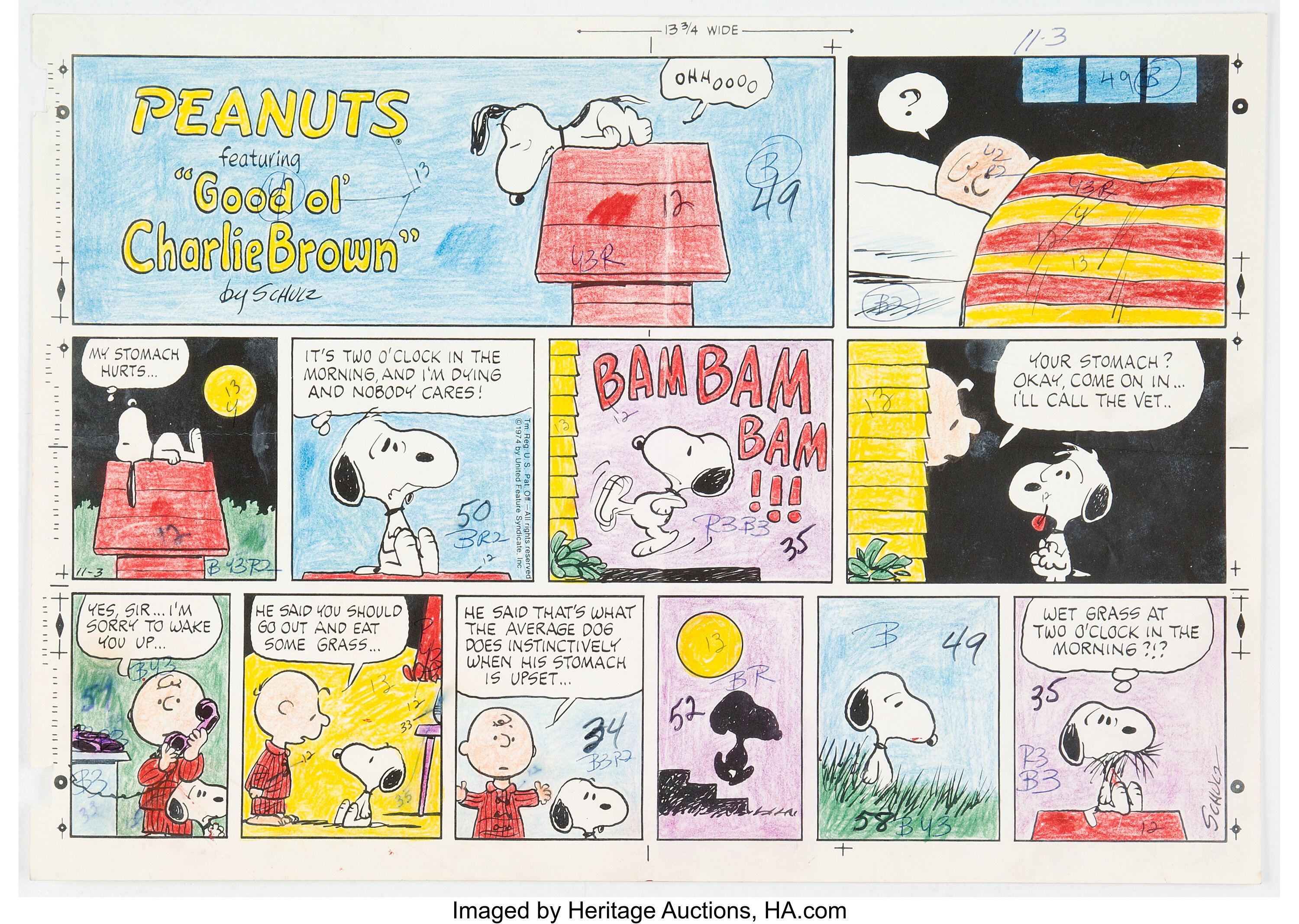 Peanuts Sunday Comic Strip Production Color Guide dated 11-3-74 | Lot ...