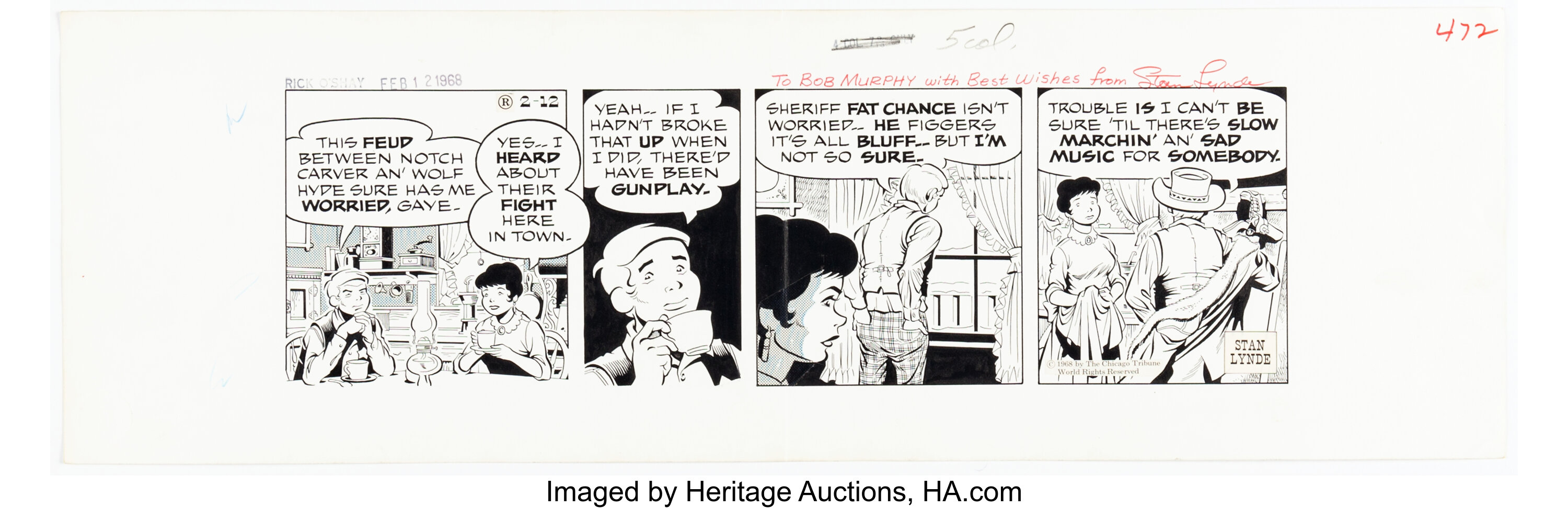 Stan Lynde Rick O'Shay Daily Comic Strip Original Art dated 2-12-68 ...