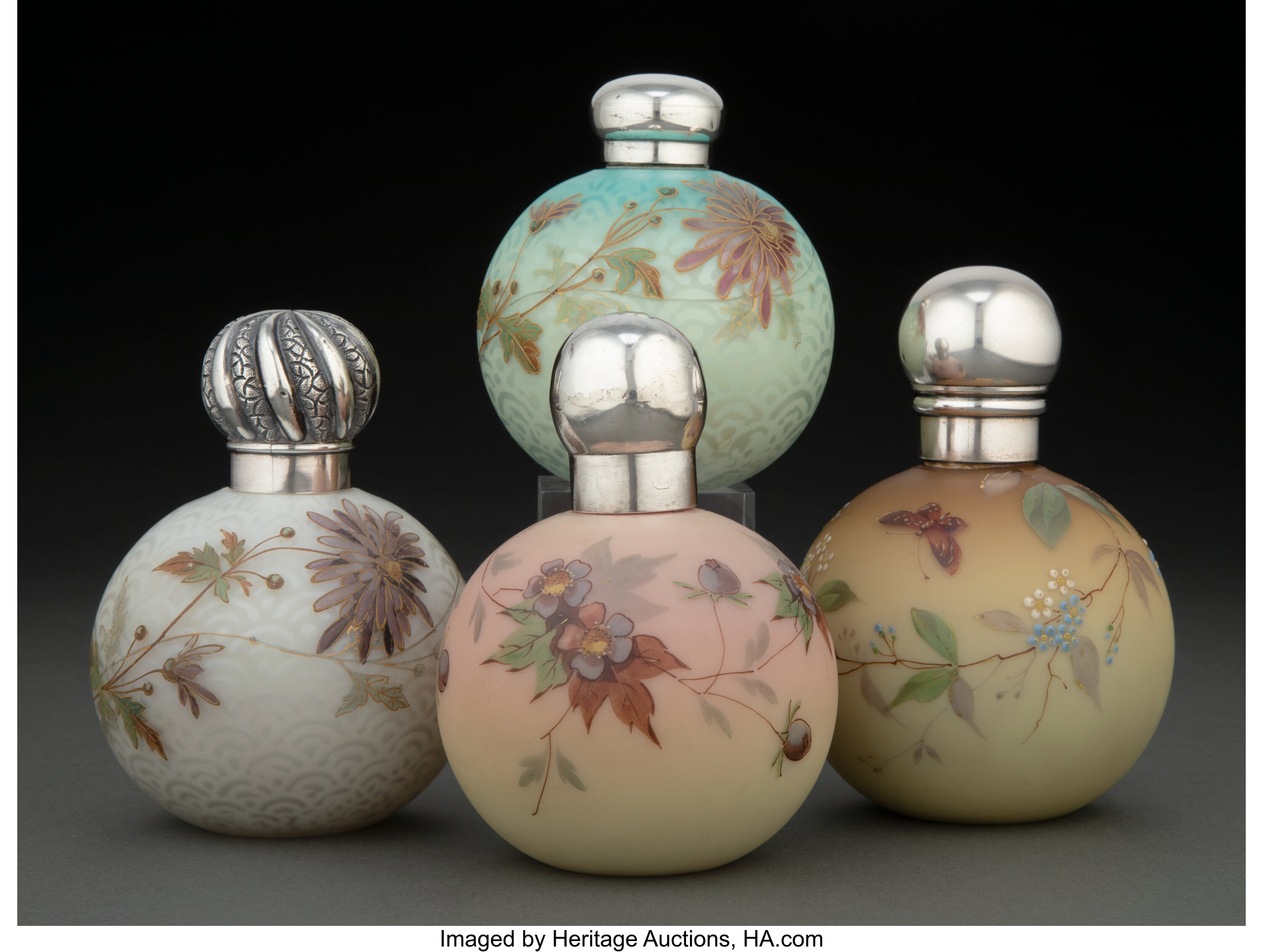 Four English Victorian Glass Perfumes with Silver Covers, late 19th ...