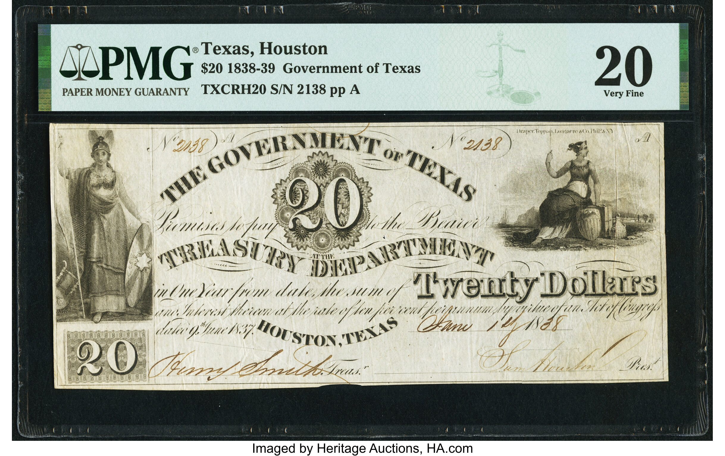 Houston, TX- Government of Texas $20 June 1, 1838 Cr. H20 Medlar 65 ...
