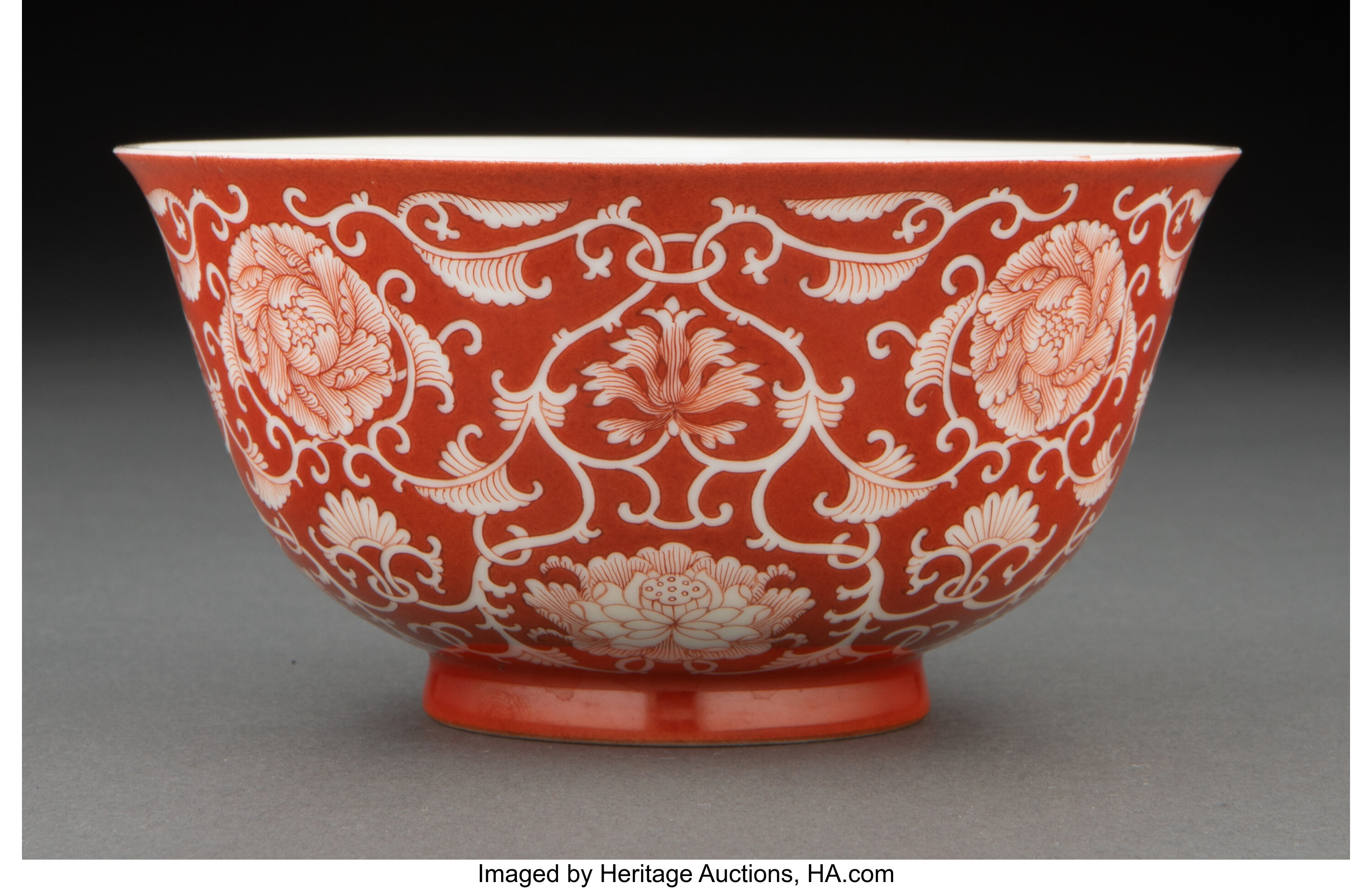 A Chinese Iron Red Glazed Bowl, Qing Dynasty. Marks: four-character ...