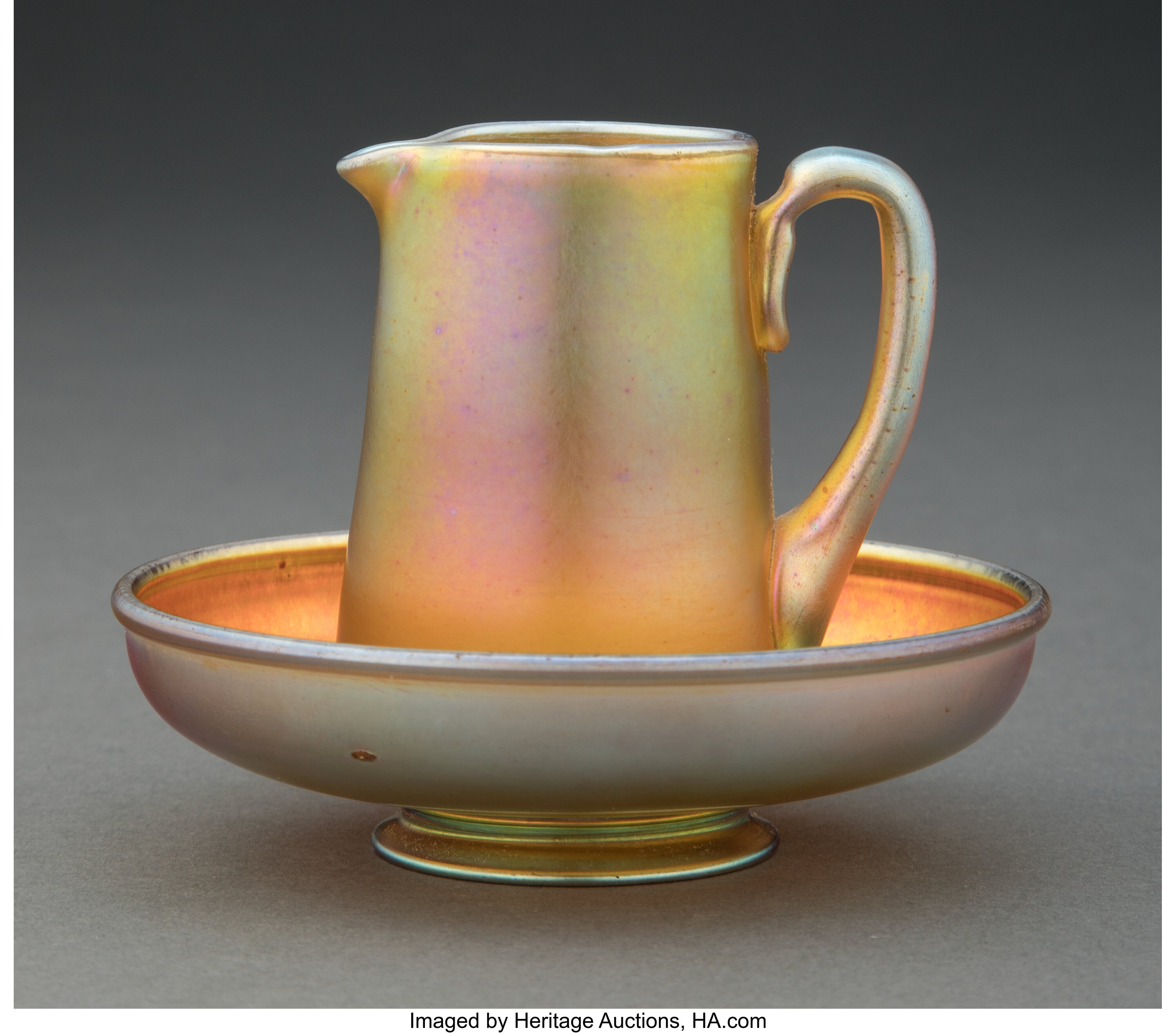 Tiffany Studios Gold Favrile Glass Pitcher and Underplate, circa | Lot ...