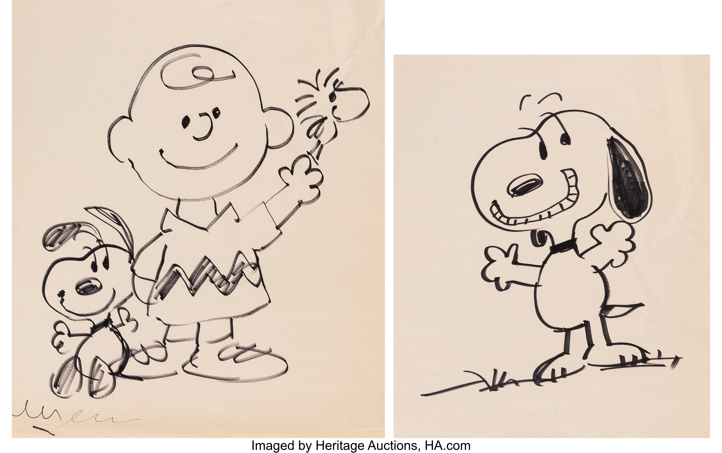 Peanuts - Charlie Brown, Snoopy, and Woodstock Drawings by Bill | Lot ...