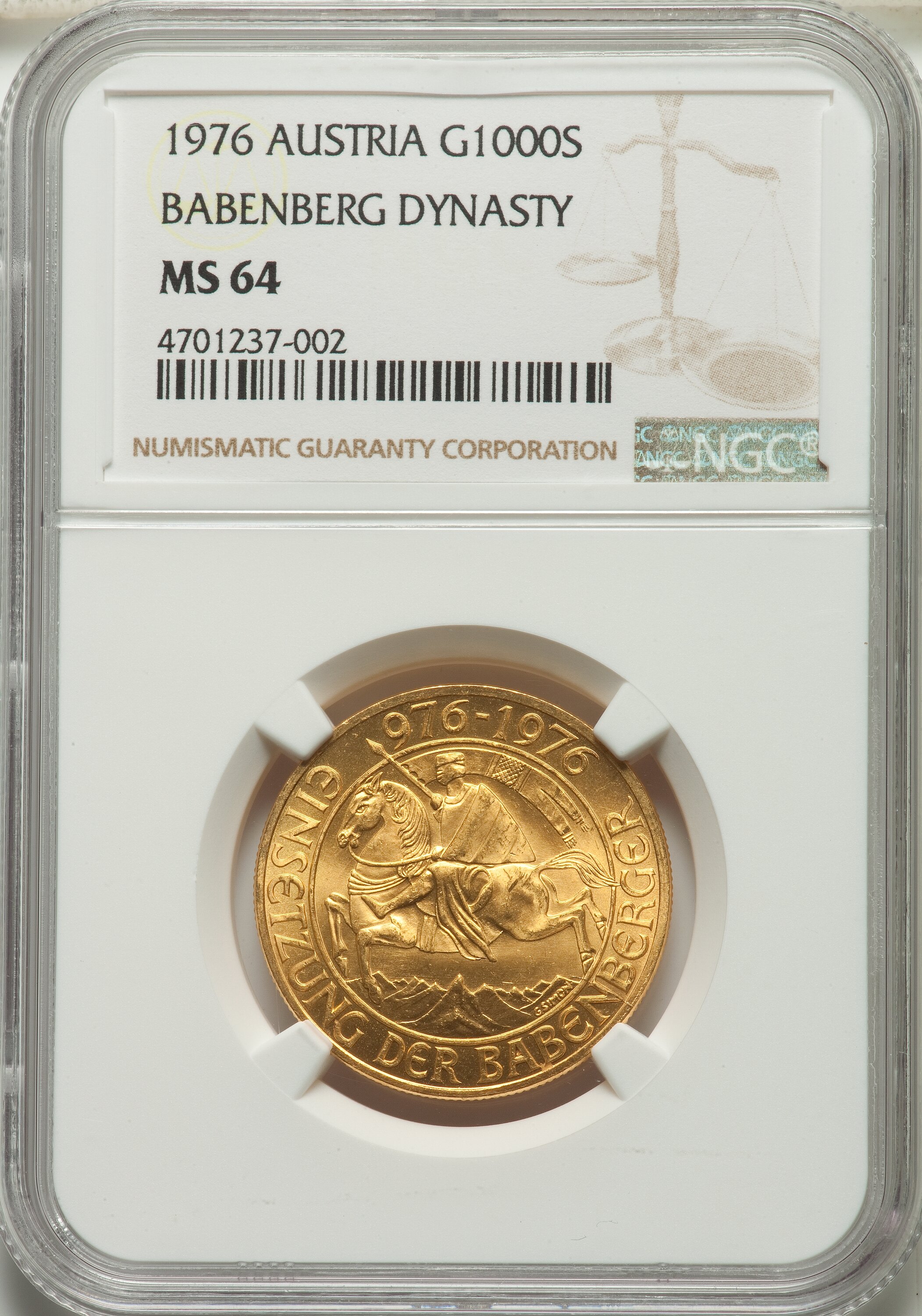 Austria: Republic gold "Babenberg Dynasty" 1000 Schilling 1976 MS64 ...