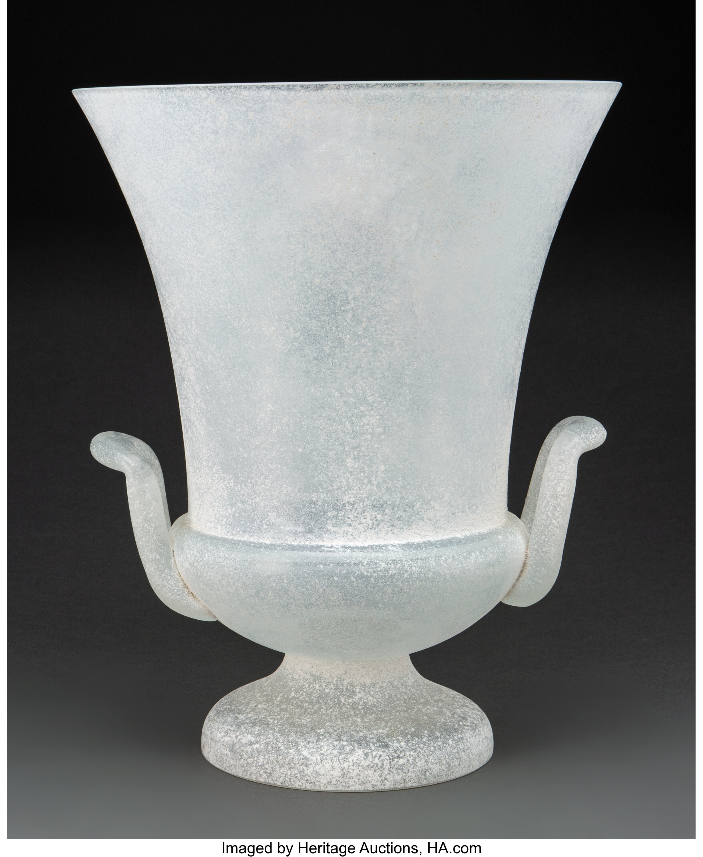 A Large American Two-Handled Glass Vase with Mottled White Patina ...