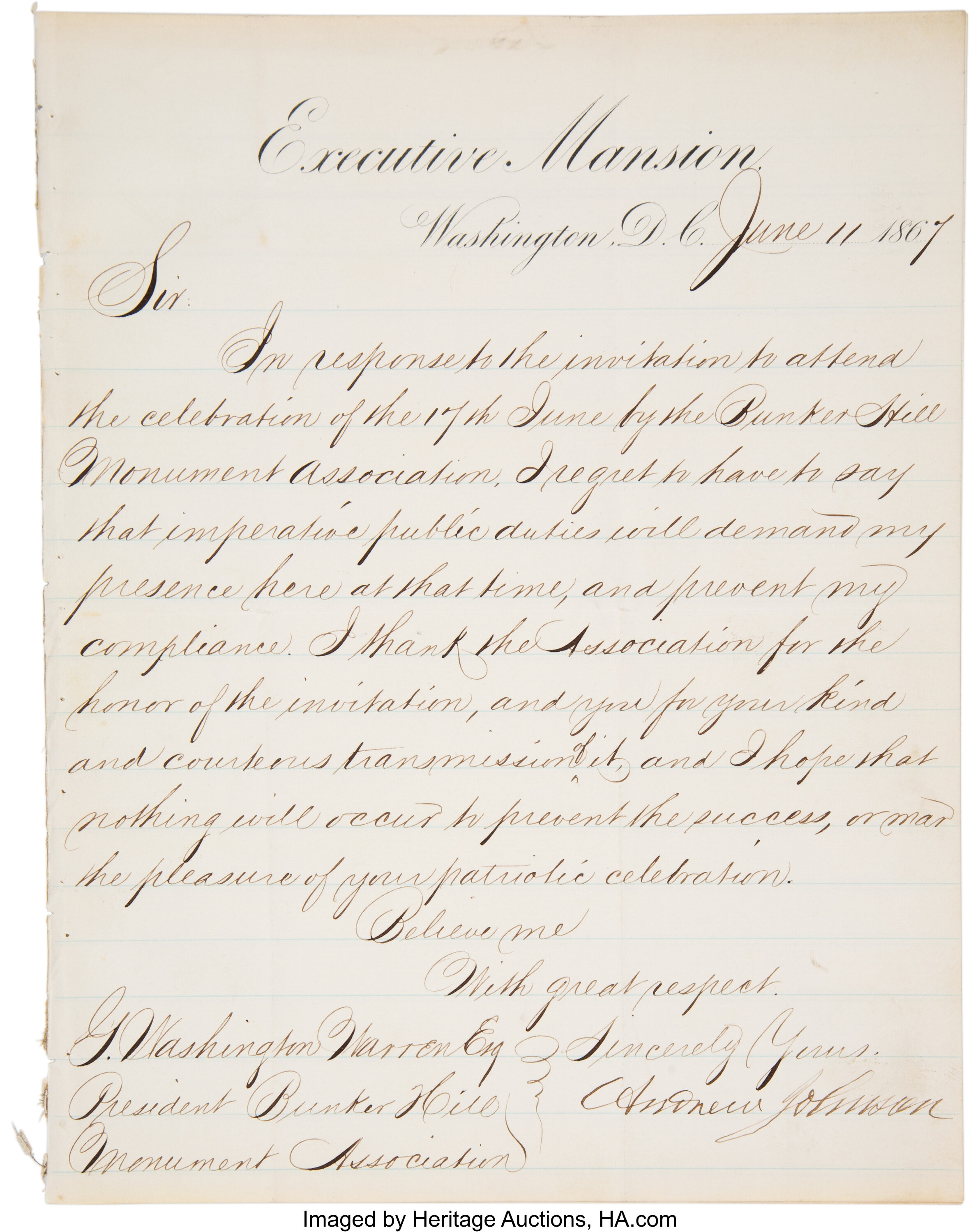 Andrew Johnson Letter Signed as President. ... Autographs U.S. | Lot ...