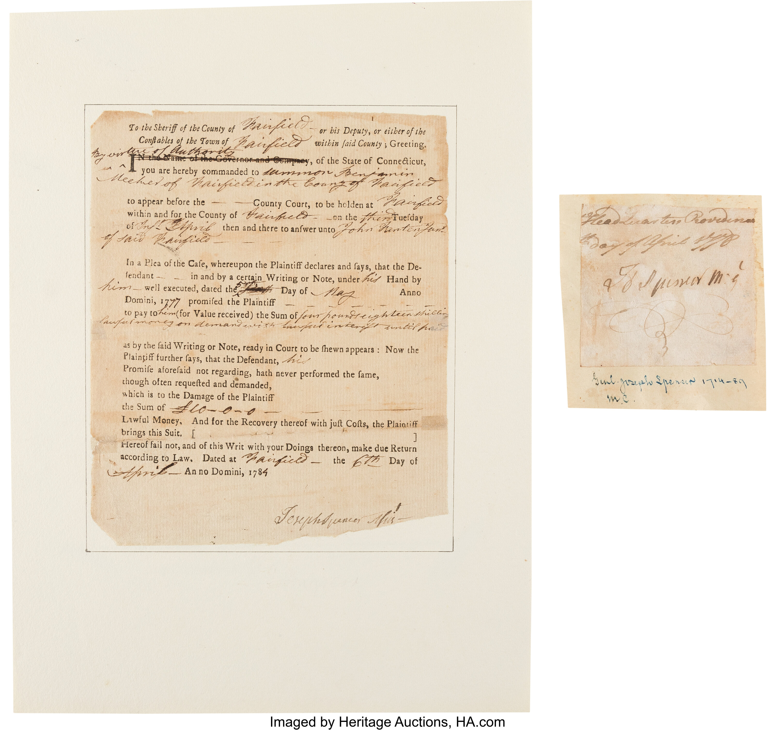Joseph Spencer Document Signed Together with Clipped Signature ...