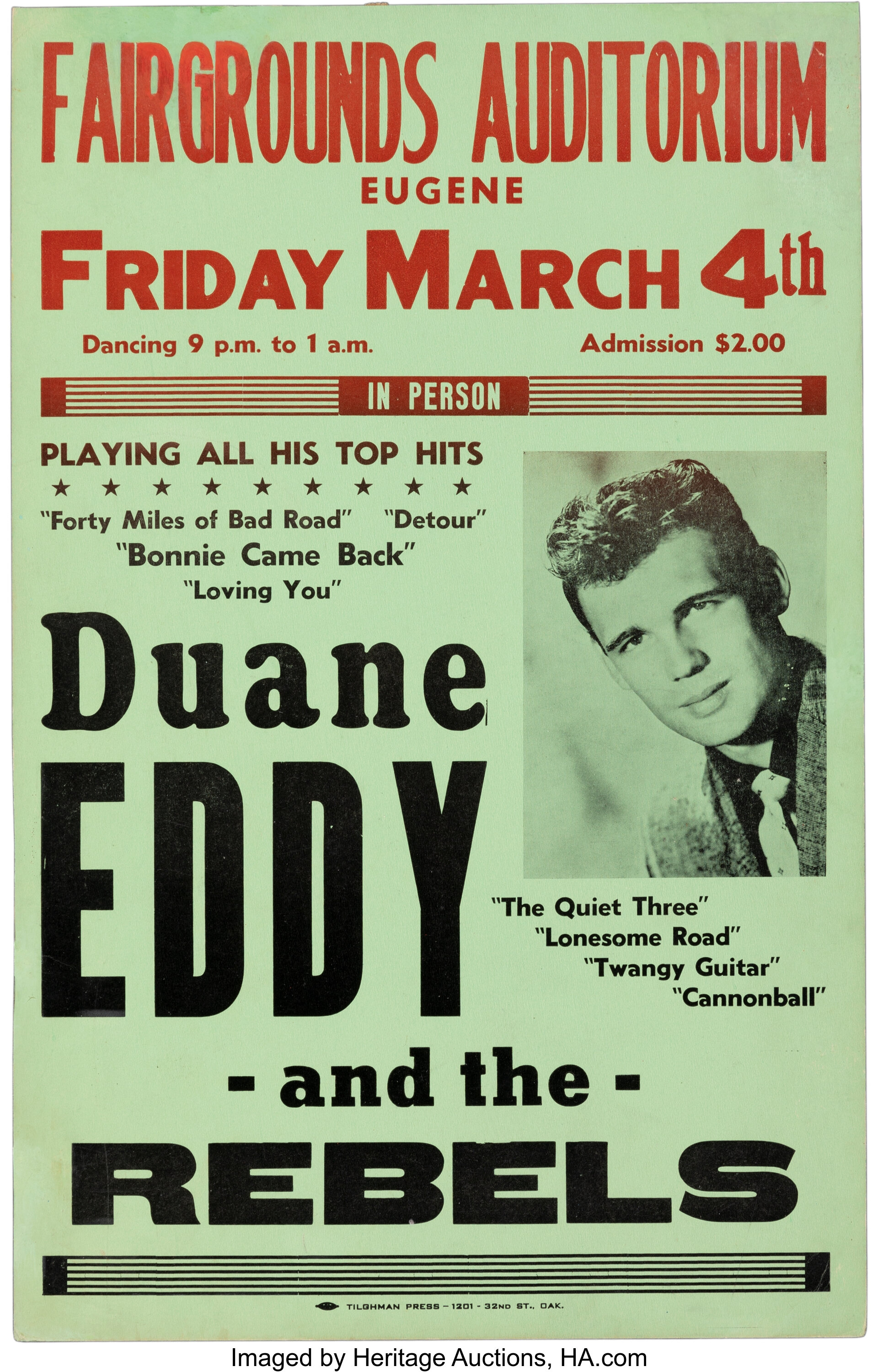 Duane Eddy 1960 Eugene, Oregon Boxing-Style Concert Poster. ... | Lot ...