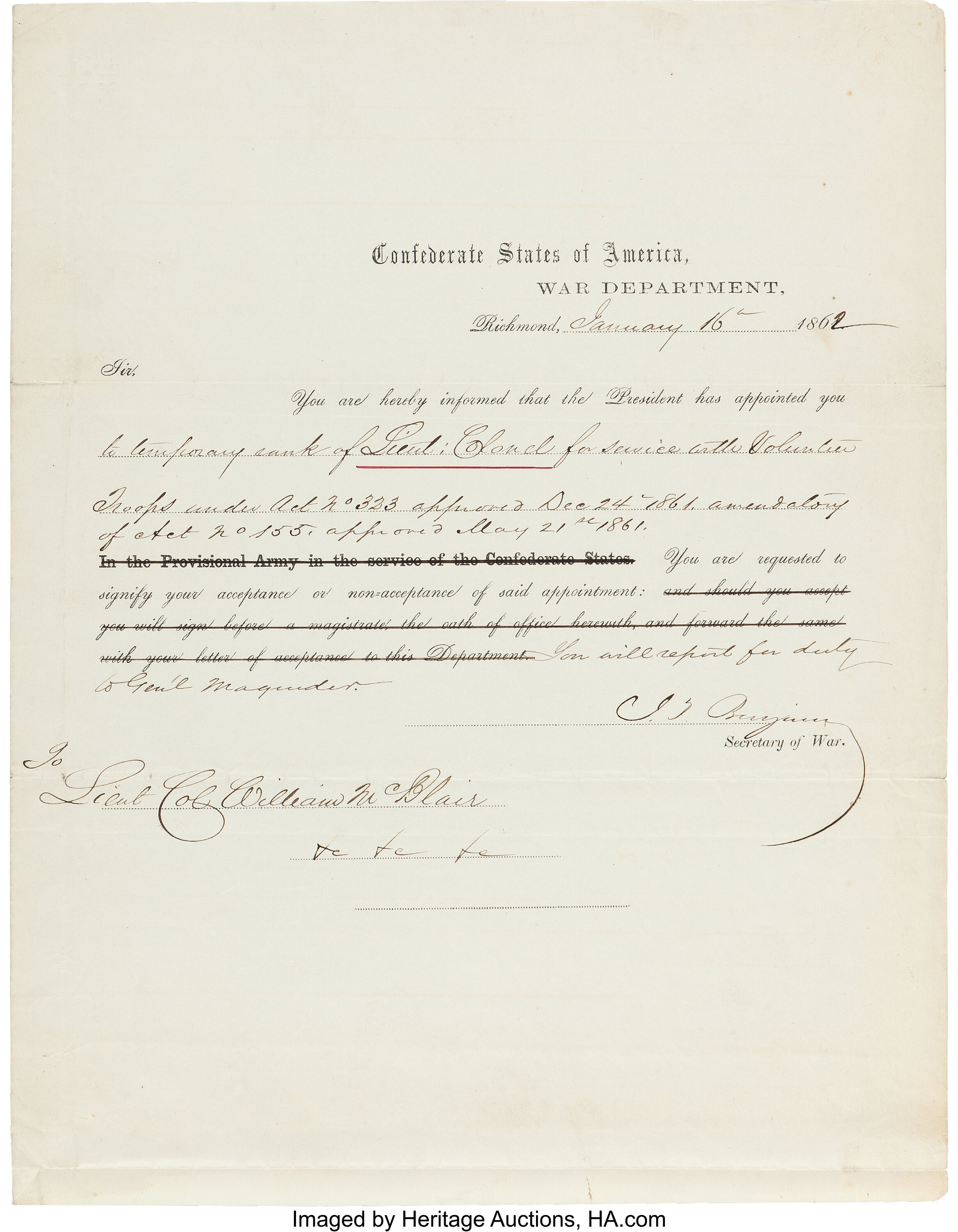 [Civil War]. Judah P. Benjamin Military Appointment Signed ("J. P ...