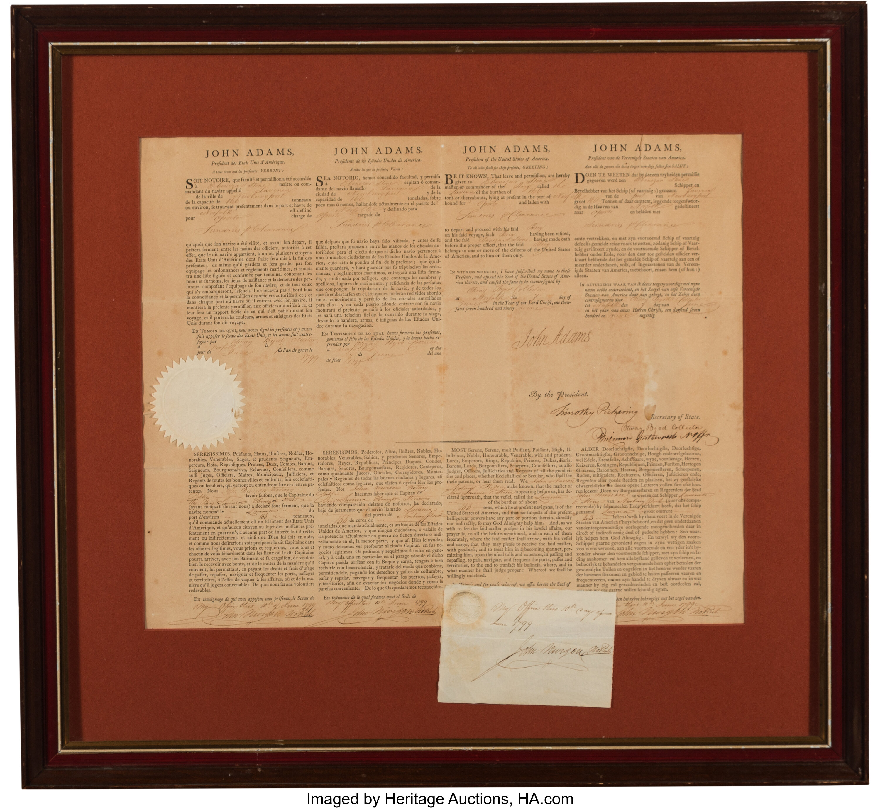 1799 John Adams Signed Four-Language Ship's Passport.... | Lot #58410 ...