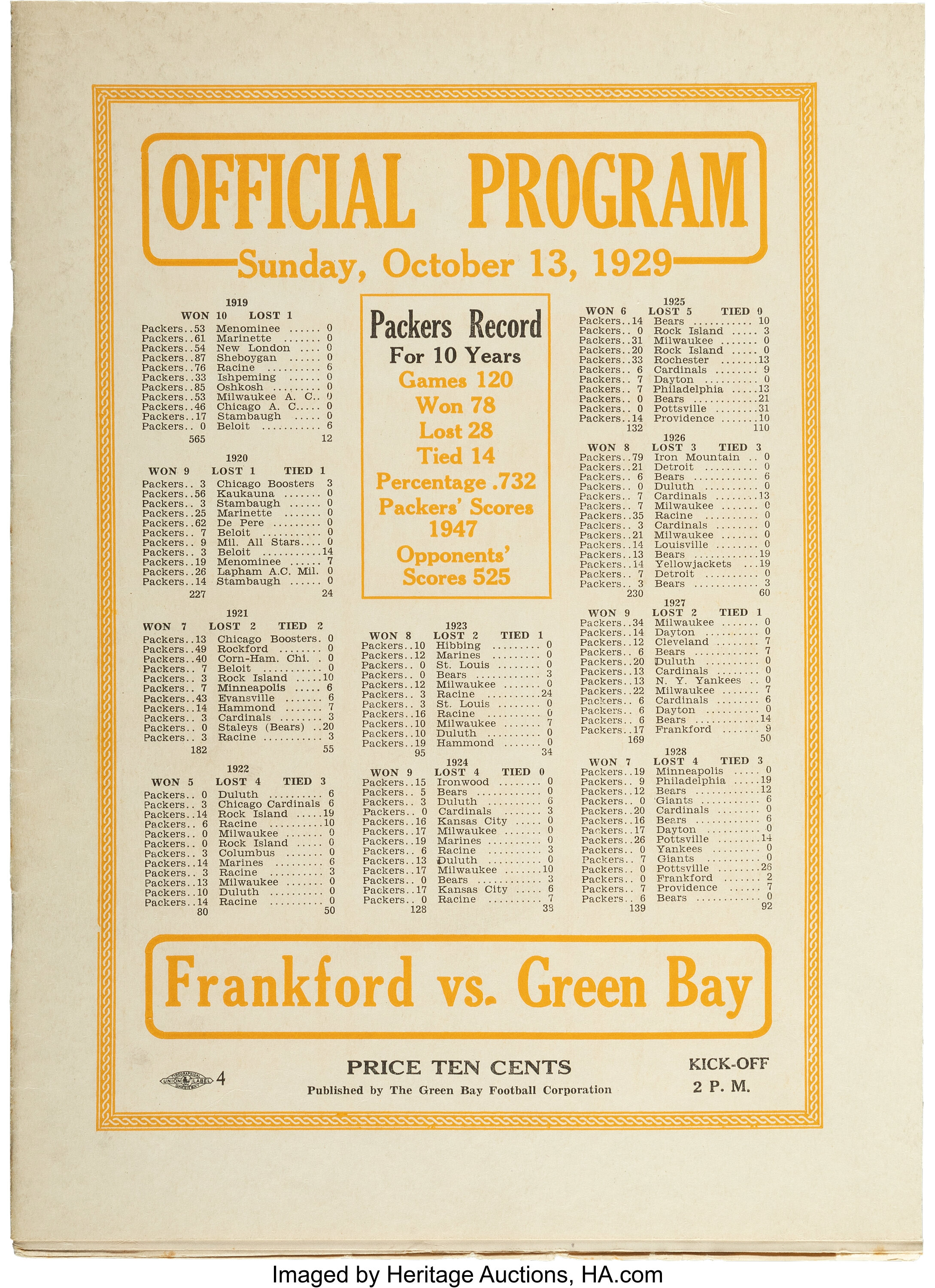 1929 Frankford Yellow Jackets vs. Green Bay Packers Program from | Lot ...