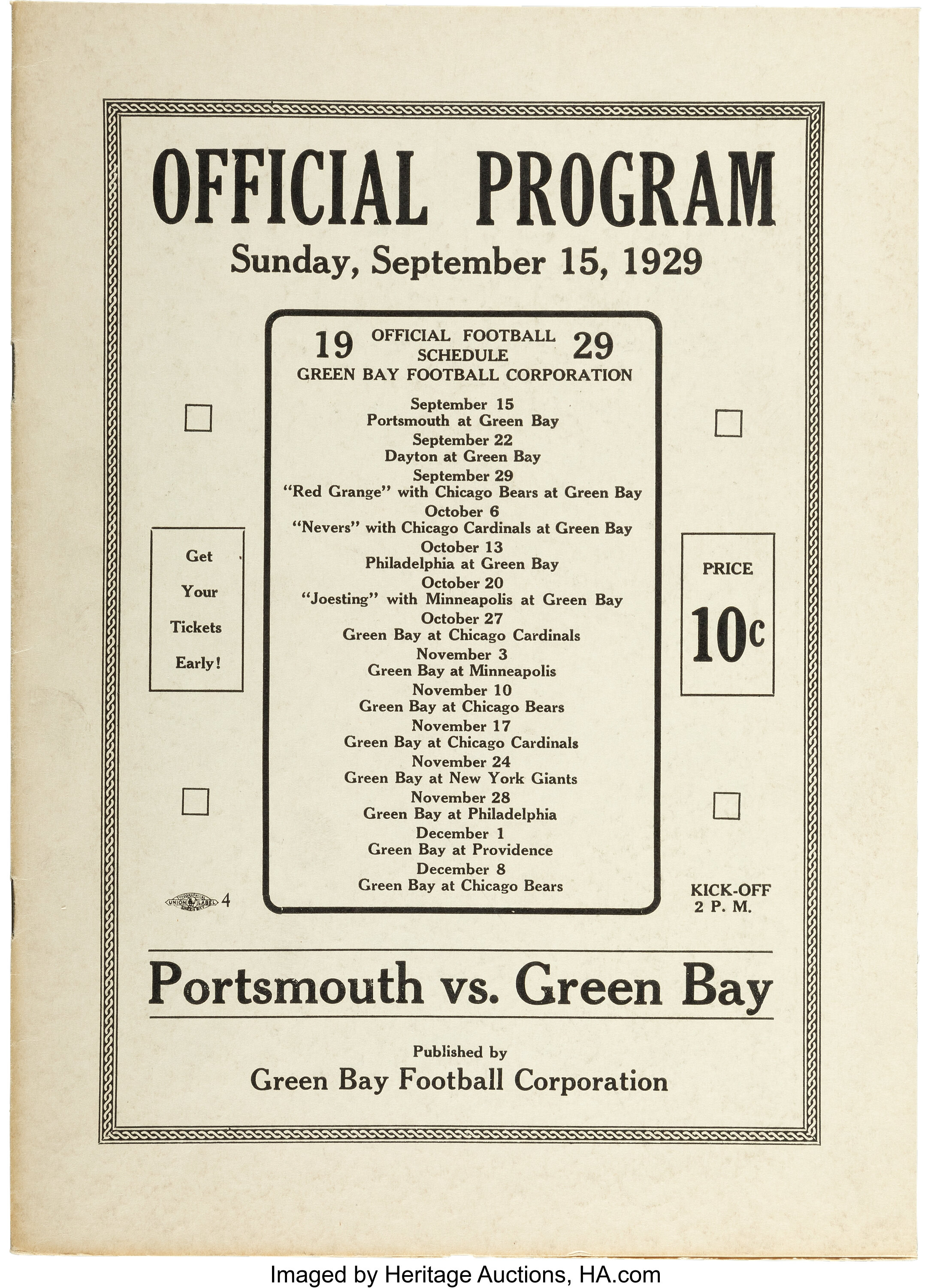 1929 Portsmouth Spartans vs. Green Bay Packers Program from The | Lot ...