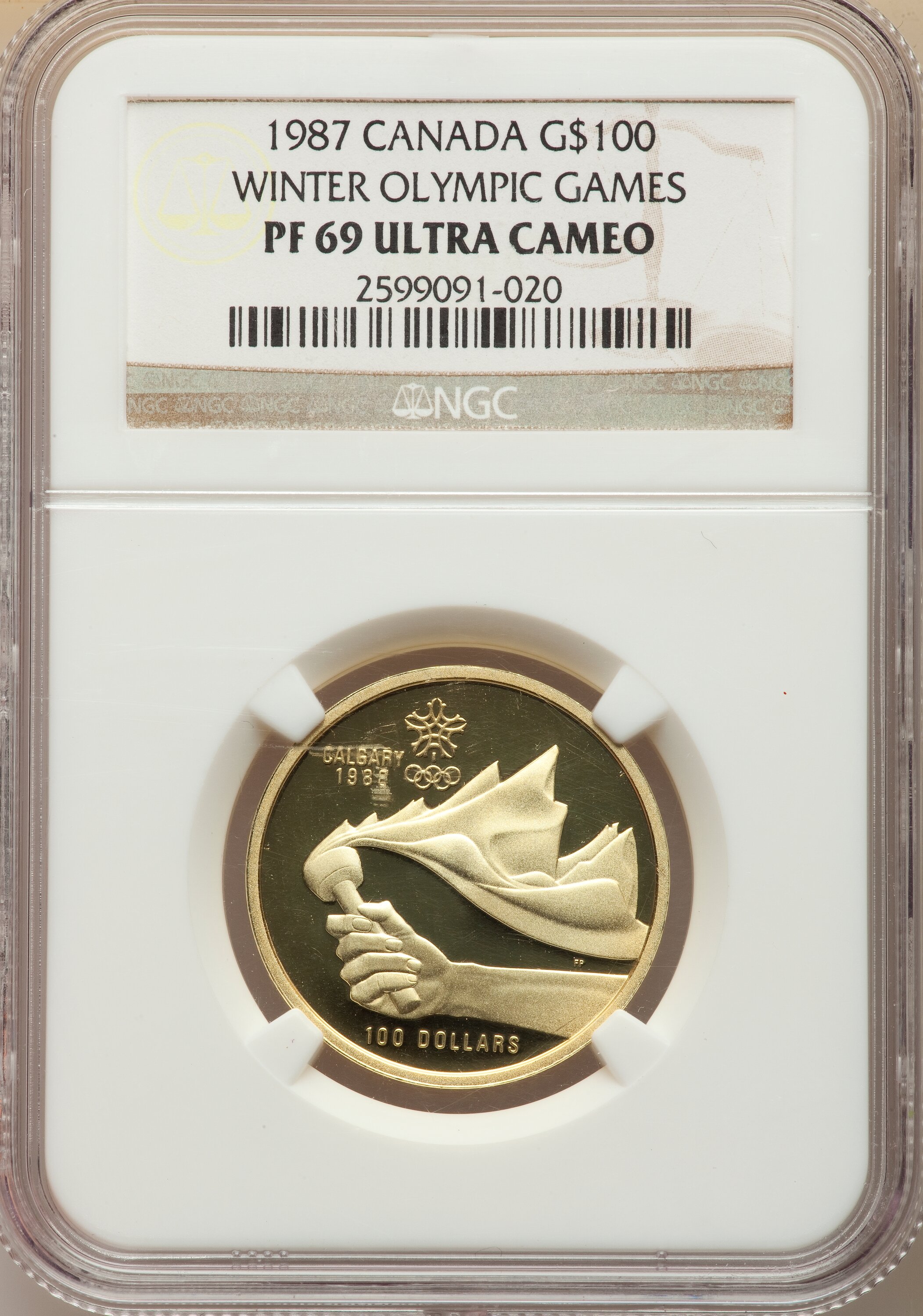 Canada: Elizabeth II gold Proof "Calgary Olympics" 100 Dollars 1987 ...