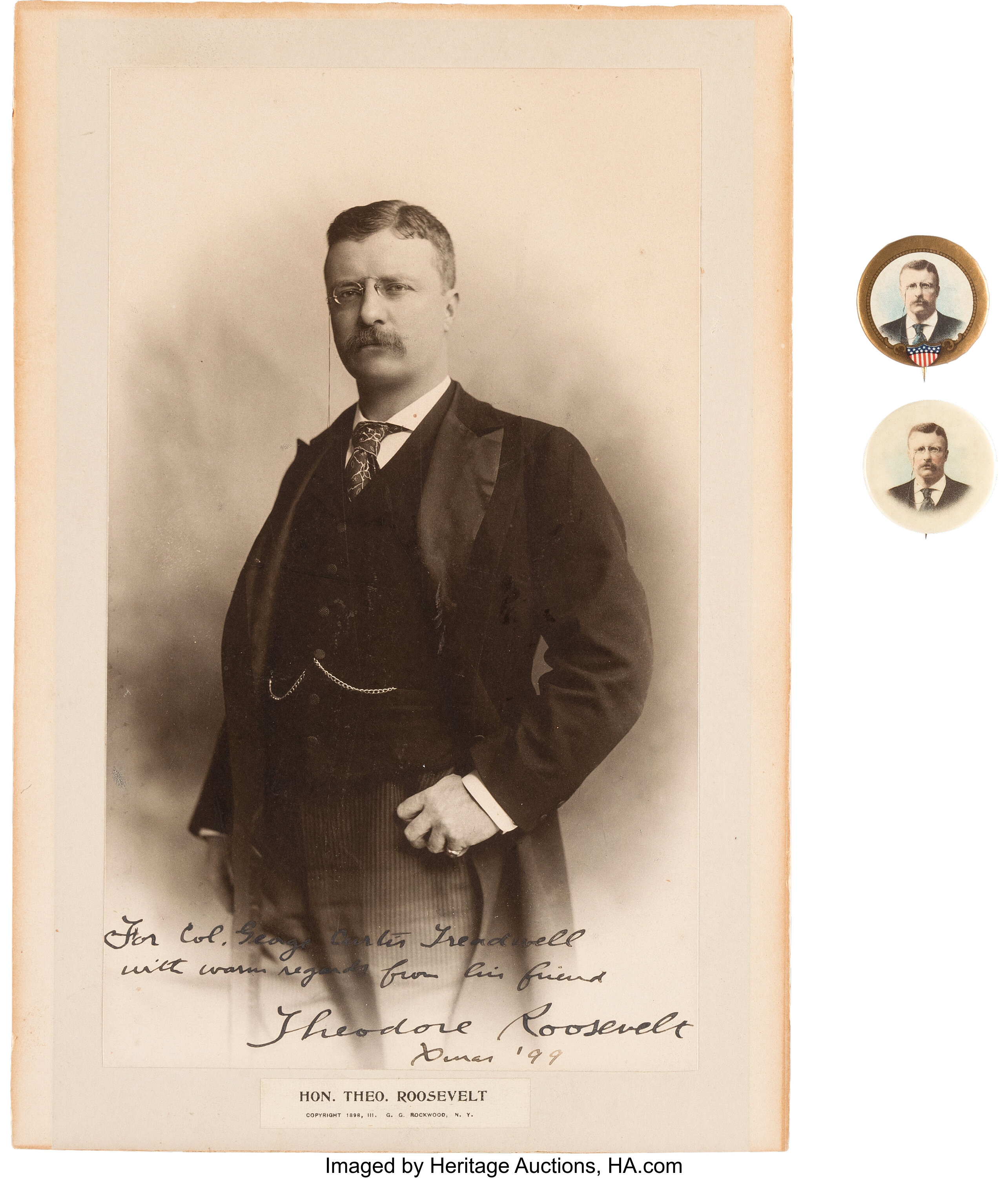 Theodore Roosevelt: Signed Photograph and Two Buttons.... (Total: 3 ...