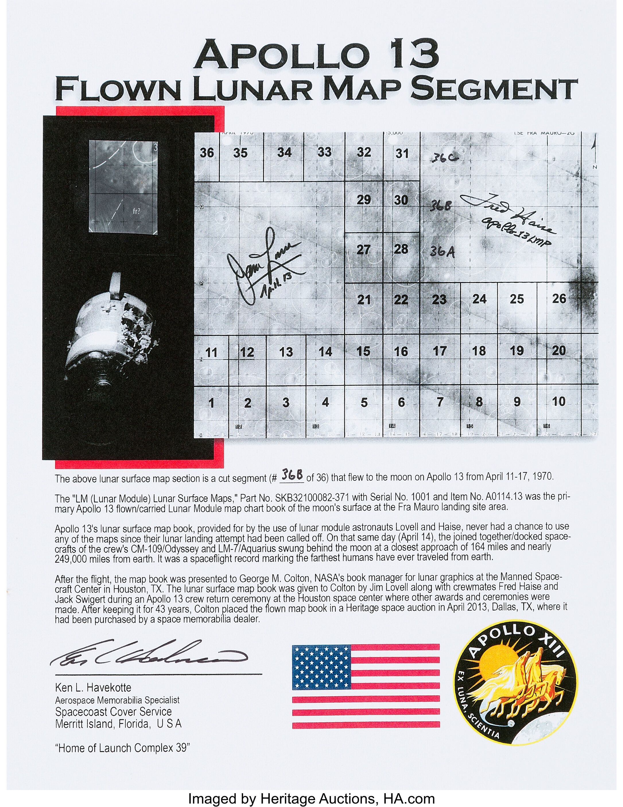 Apollo 13: Flown Lunar Map Segment on Illustrated Ken Havekotte | Lot ...