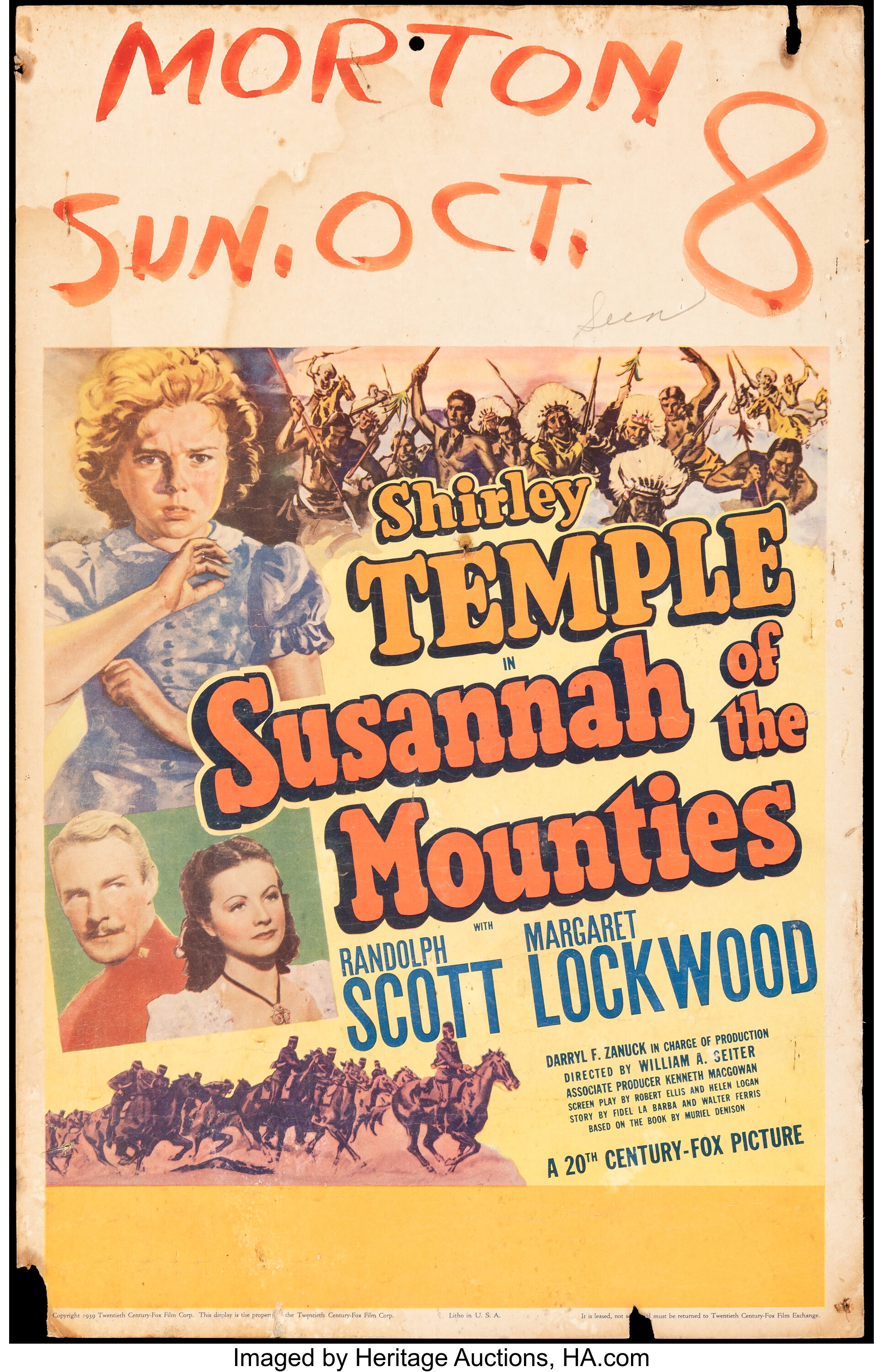 Susannah of the Mounties (20th Century Fox, 1939). Very Good/Fine ...
