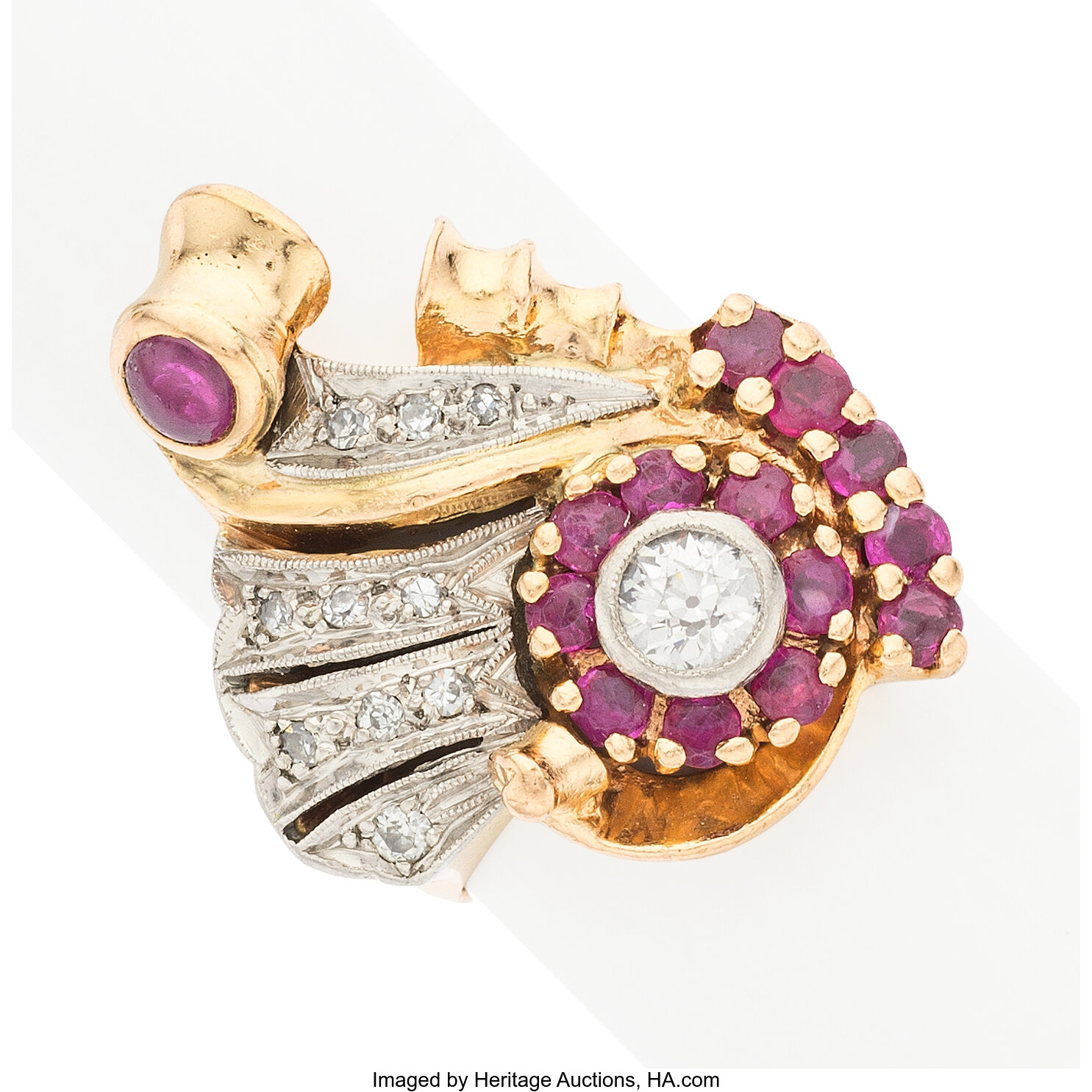 Retro Diamond, Ruby, Rose Gold, Palladium Ring. ... Estate Jewelry ...