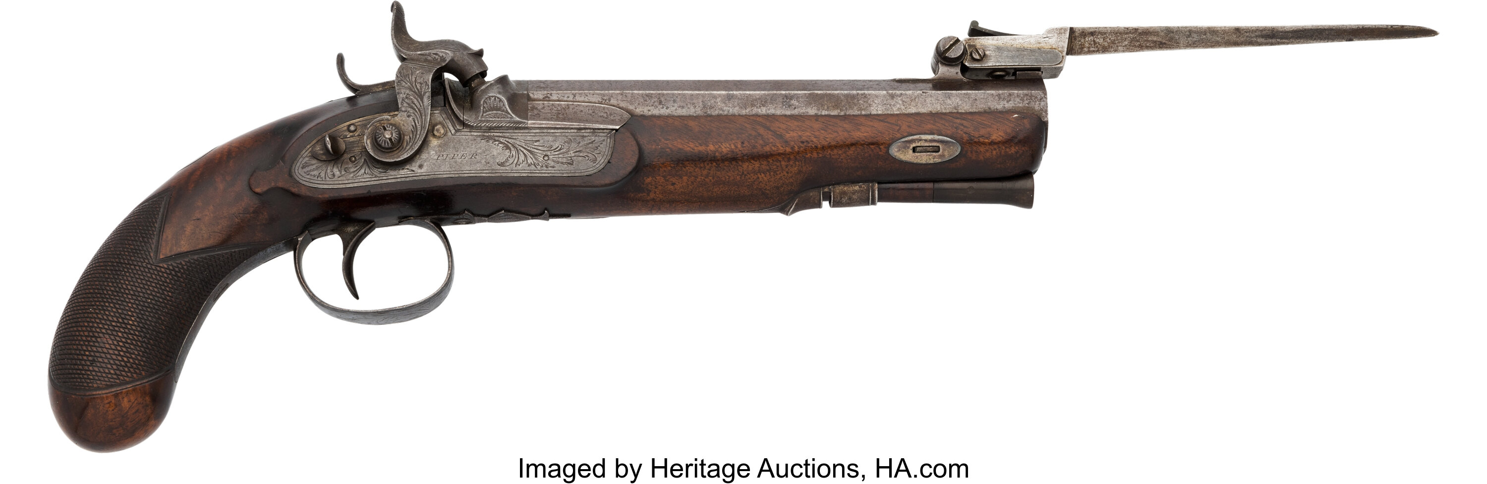 Engraved British Guildford Piper Percussion Pistol with Bayonet.. | Lot ...