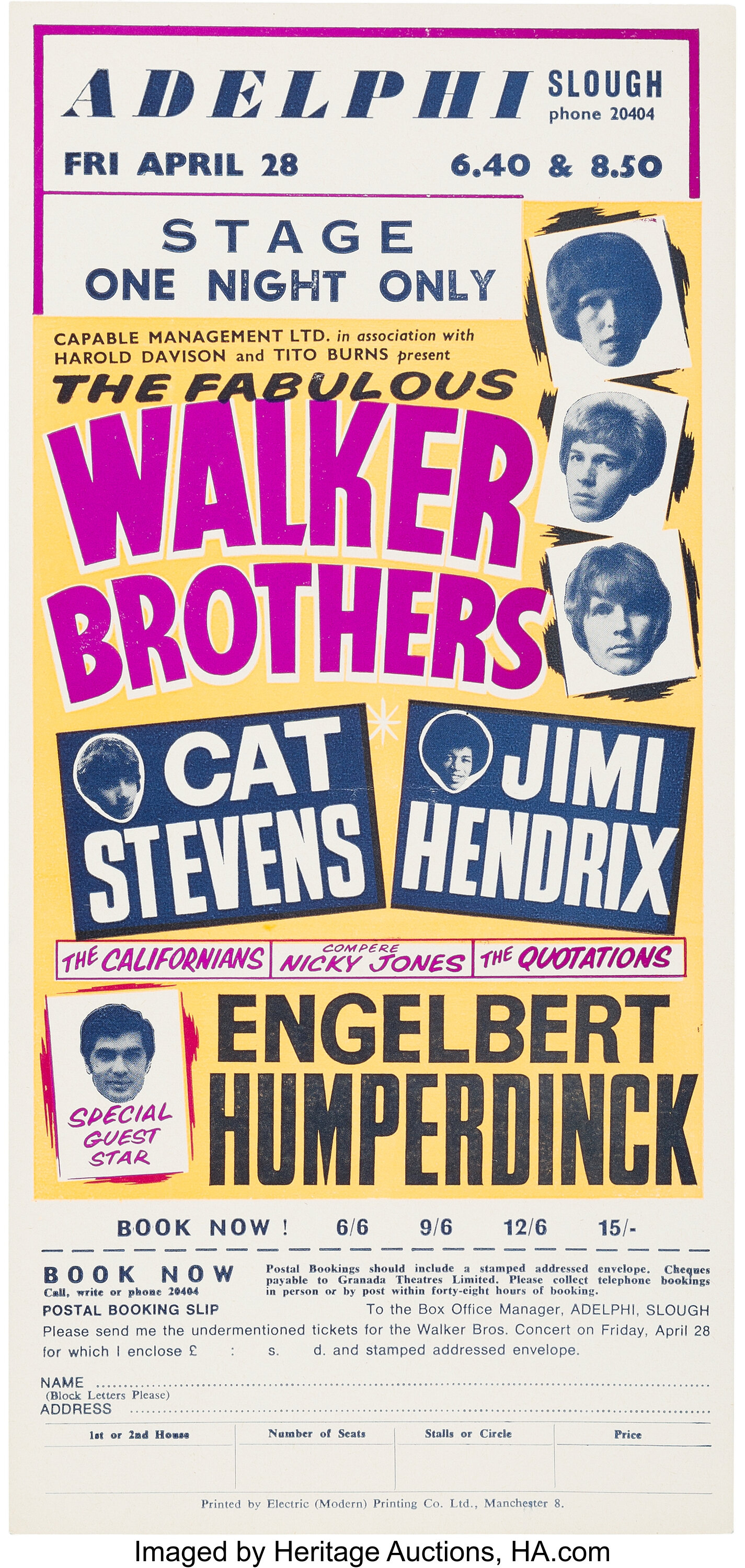 Jimi Hendrix Spring 1967 U.K. Handbill w/the Walker Bros., Cat | Lot ...