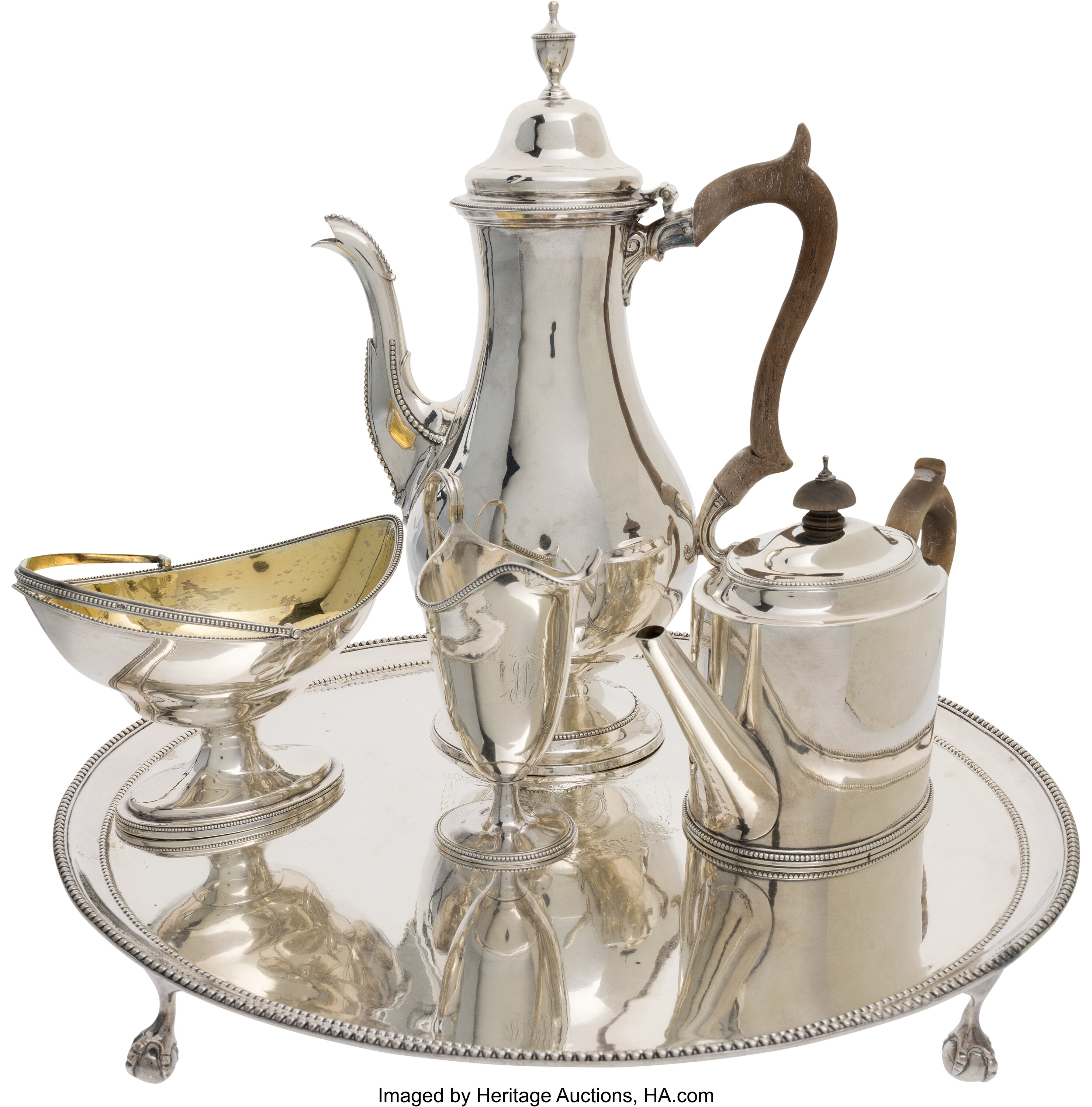 Hester Bateman Five-Piece Silver Set: Salver, Coffee Pot, Tea Pot ...