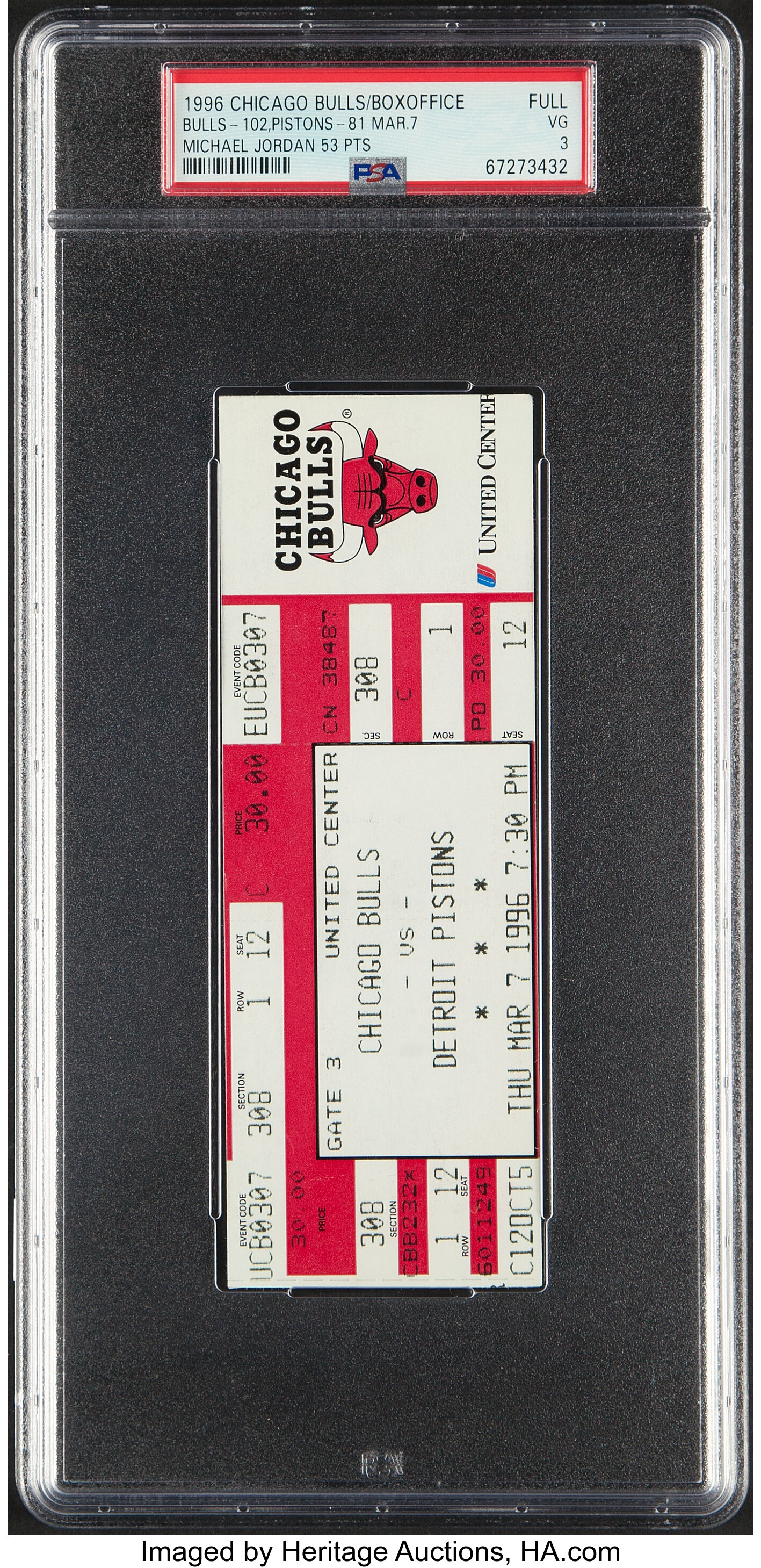 1996 Chicago Bulls vs. Detroit Pistons Full Ticket, PSA VG 3 - | Lot ...