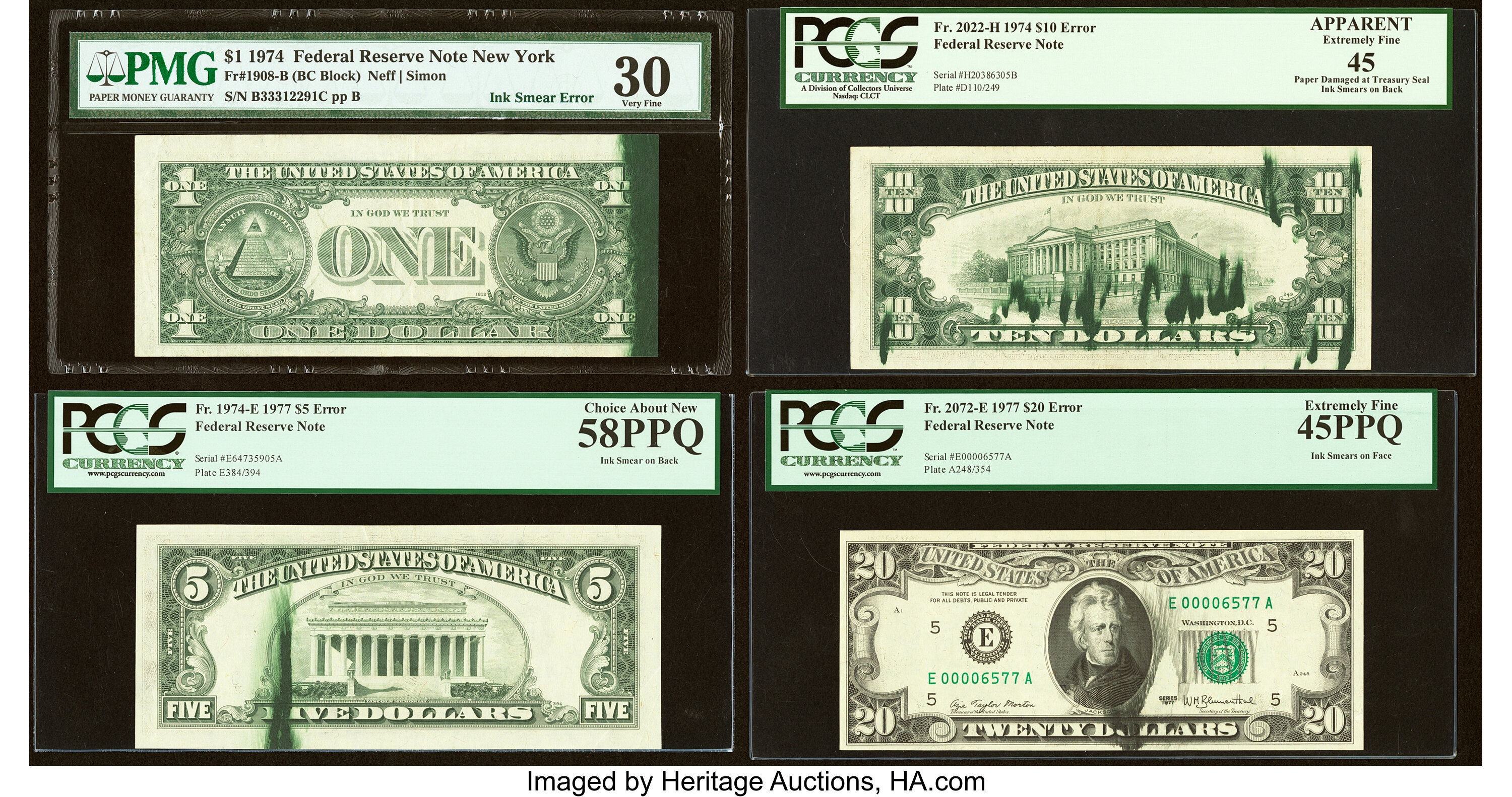 Ink Smear Errors.. Ink Smear On Back Error Fr. 1908-B $1 1974 | Lot ...