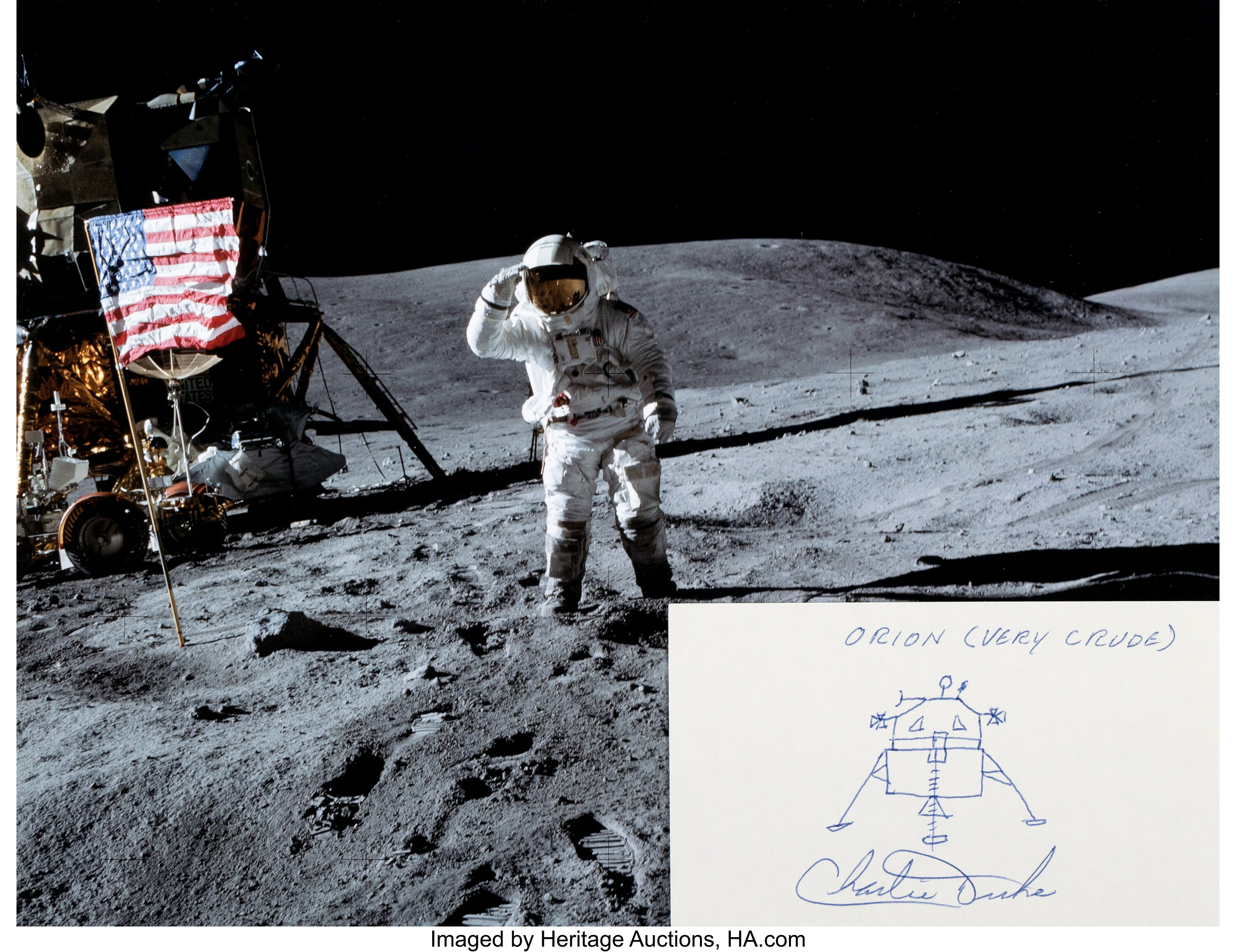 Charlie Duke Signed Drawing of the Apollo 16 Lunar Module Orion | Lot ...