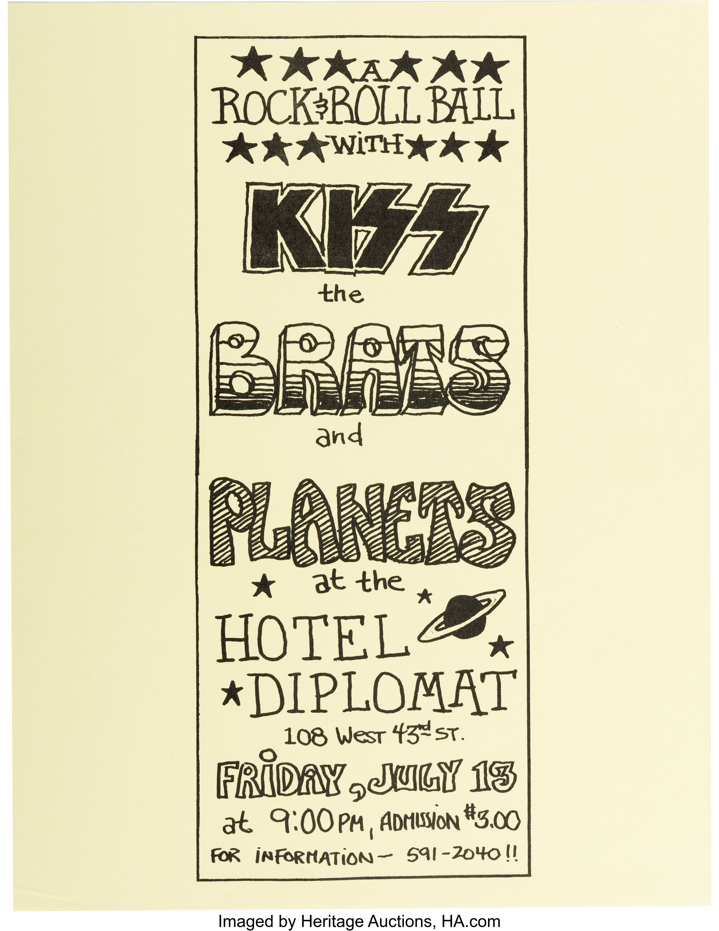 KISS 1973 Hotel Diplomat, New York City Concert Handbill. ... Music ...