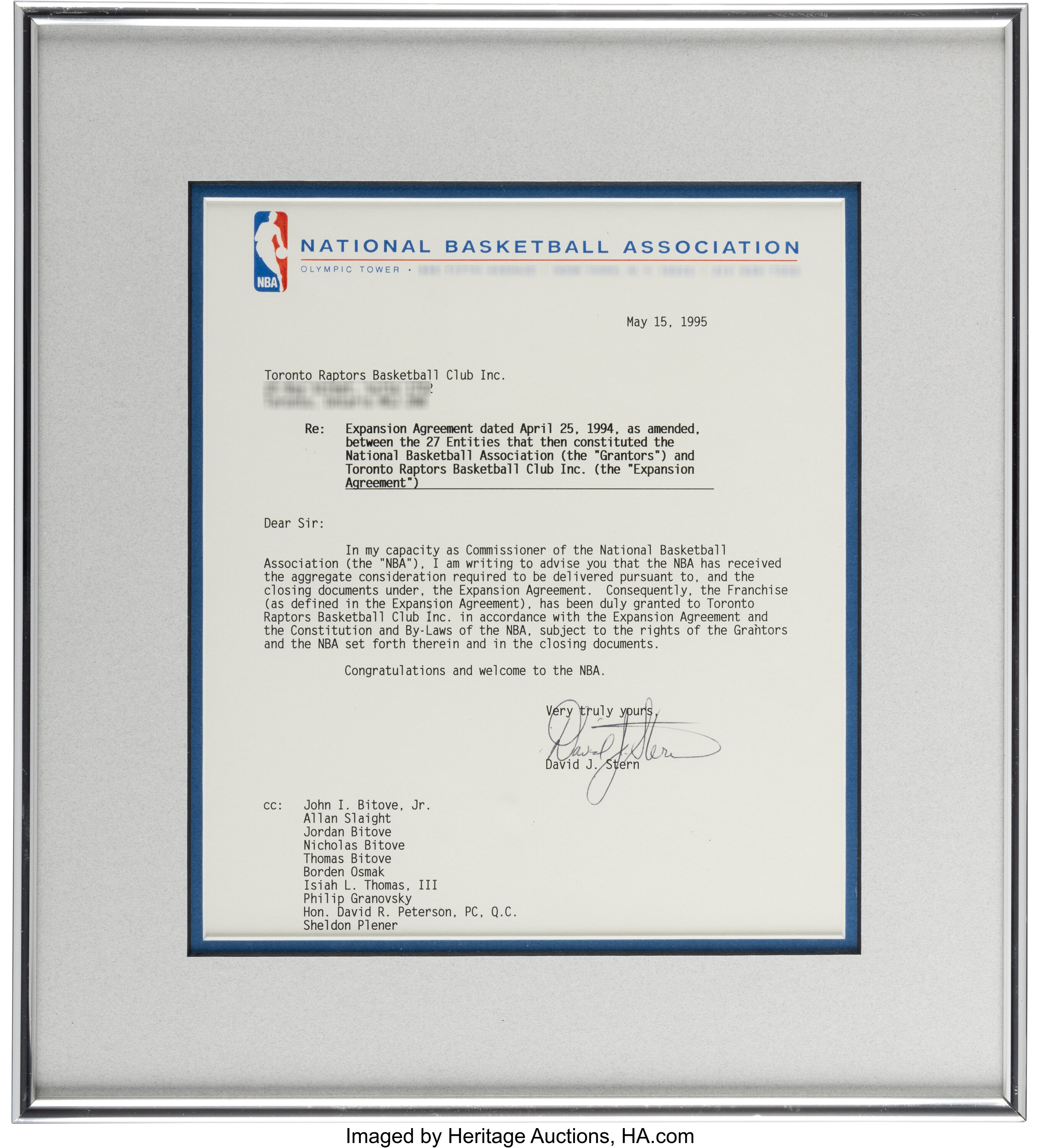 1995 David Stern Signed Toronto Raptors "Birth of a Franchise" | Lot ...