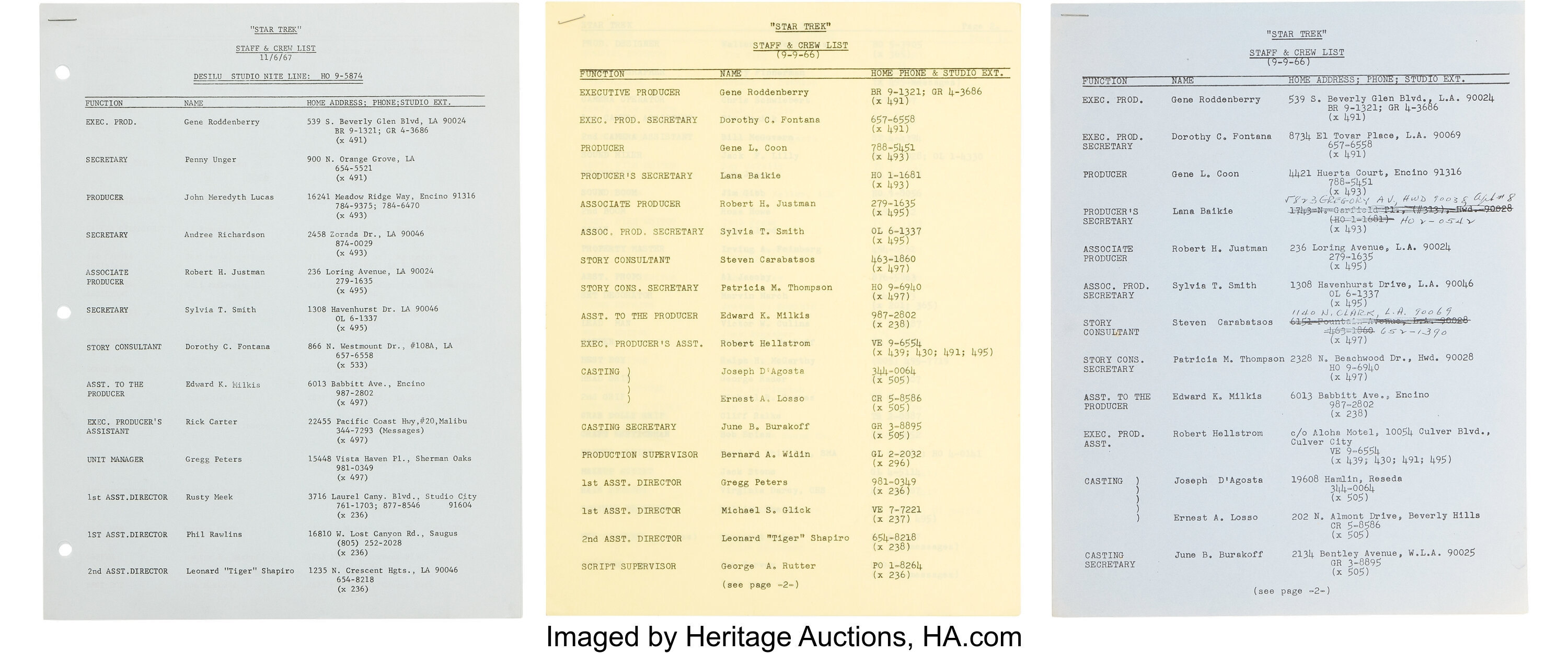 Group of (3) Staff and Crew Lists for Star Trek: The Original | Lot ...