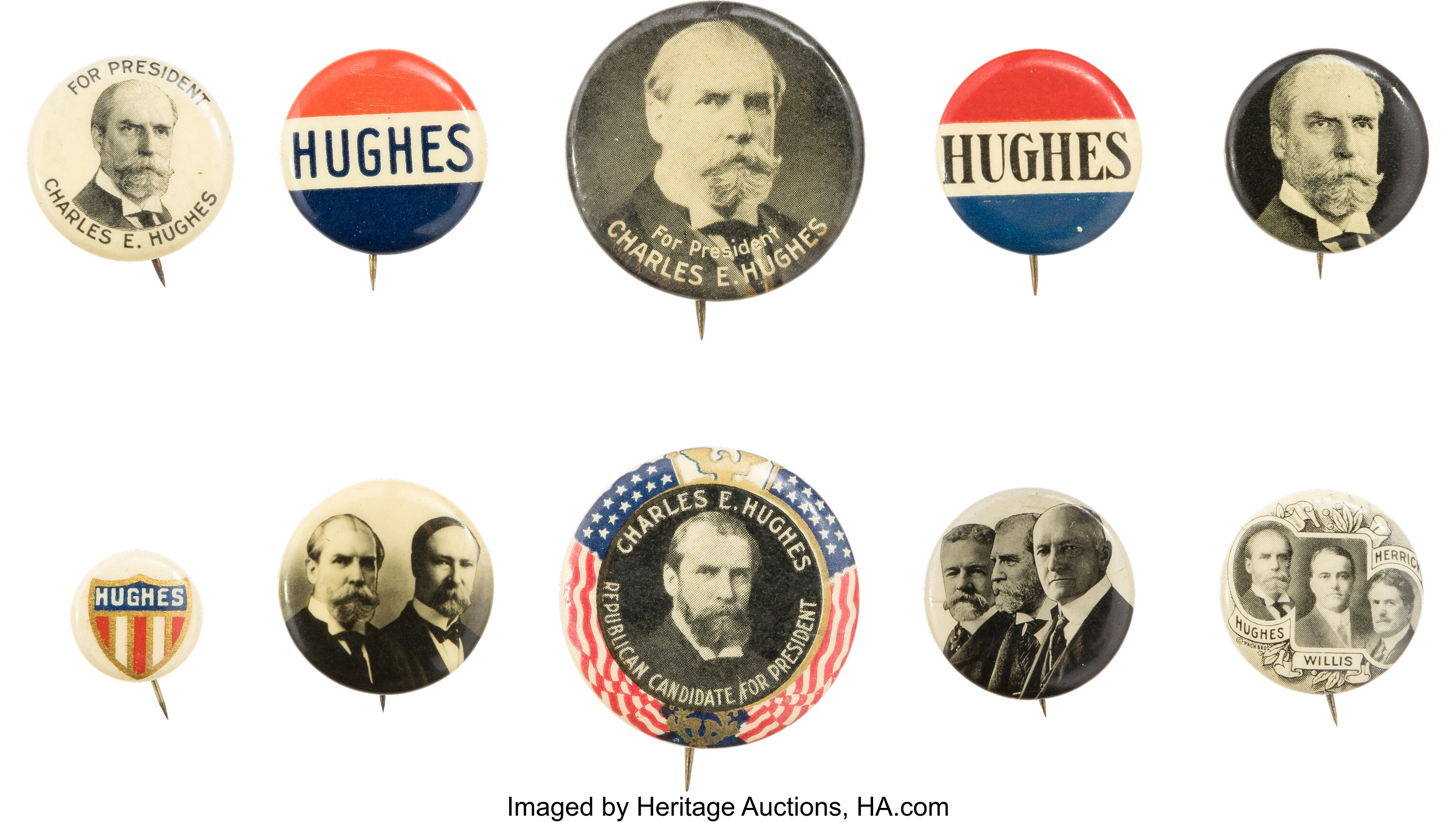 Charles Evans Hughes: Ten Campaign Pins, Including Two Trigates. | Lot ...