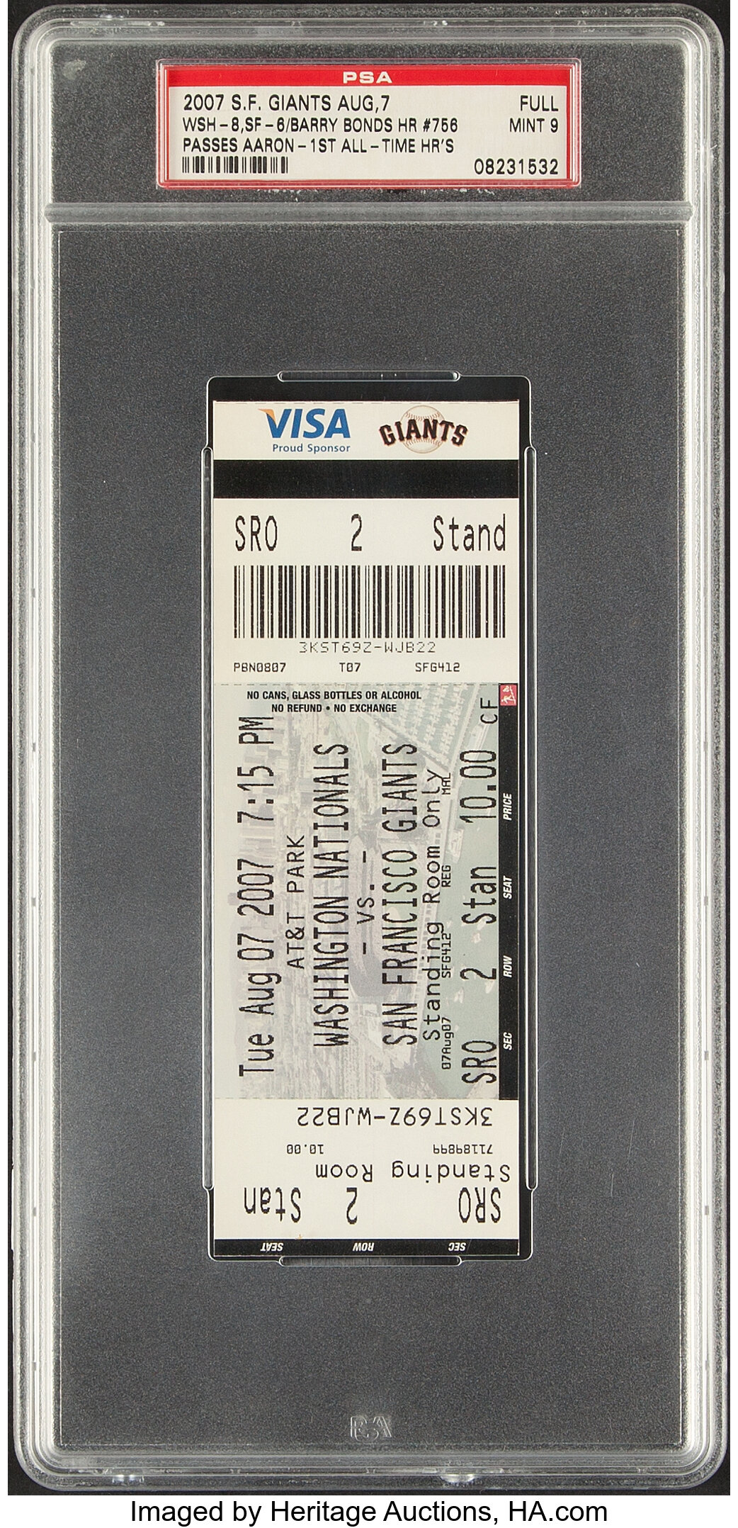 2007 Barry Bonds Home Run #756 Full Ticket, PSA Mint 9.... Baseball ...